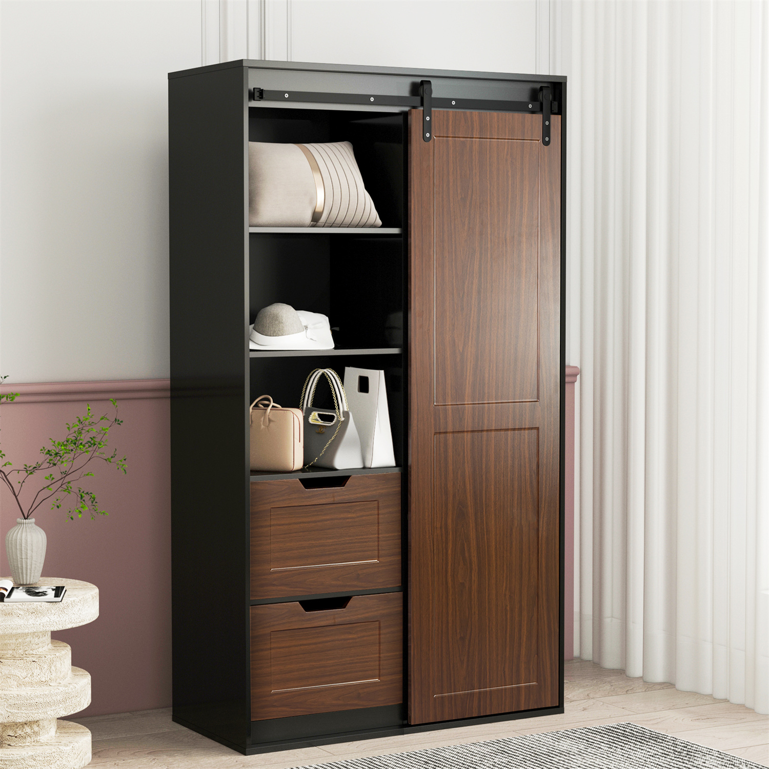 71" High Wardrobe with 2 Drawers & 2 Shelves, Freestanding Storage ...