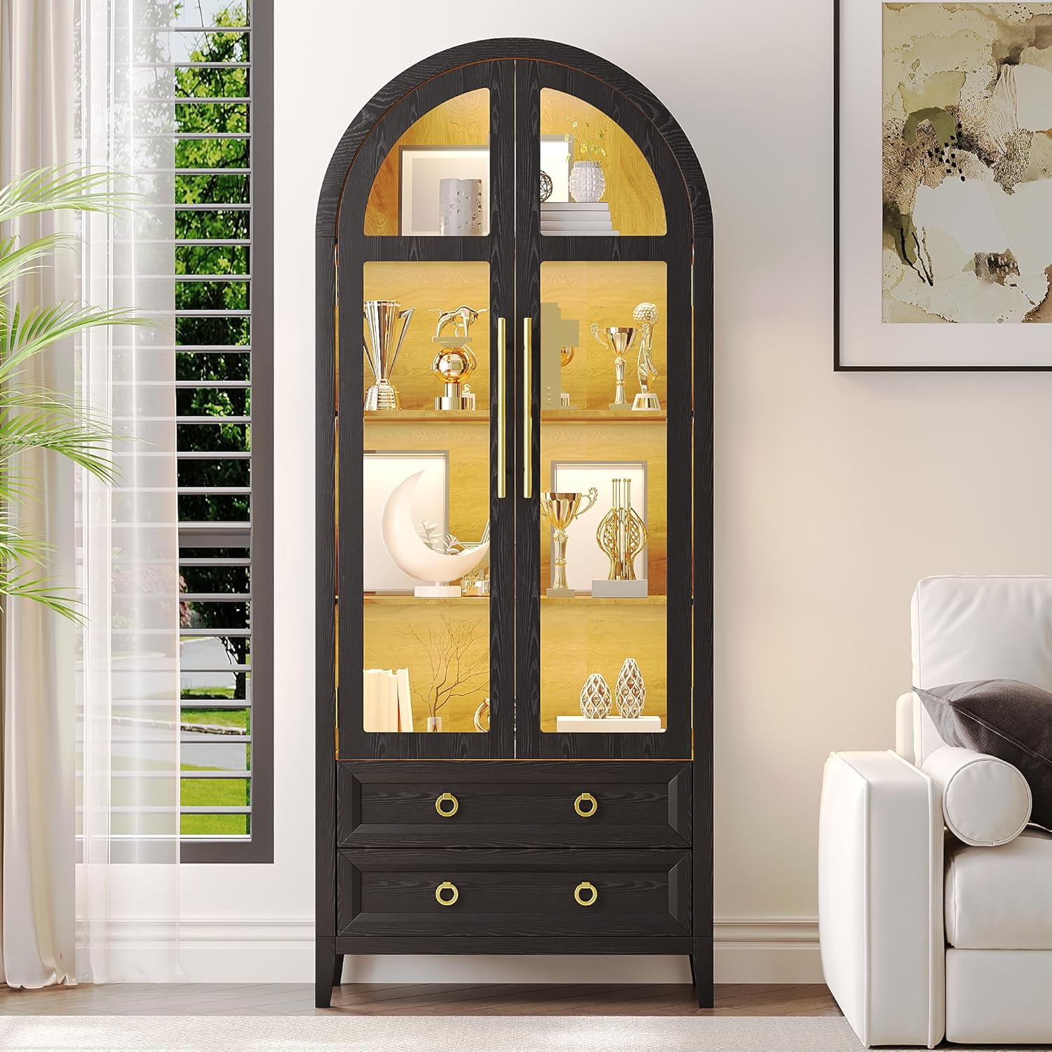 71 Inch Arched Display Cabinet with Glass Doors 4-Tier Display Shelves ...