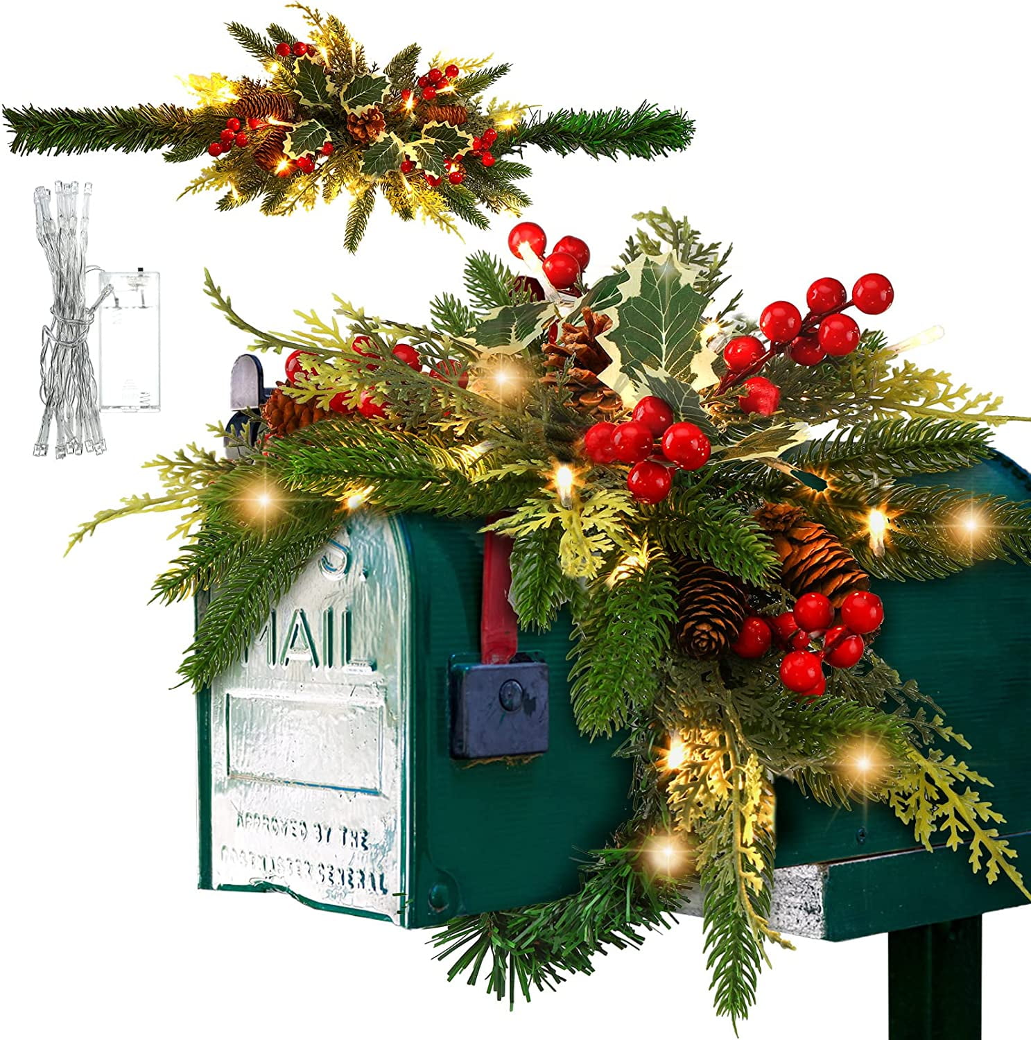 71 Inch Christmas Mailbox Swag with Light Wintry Berries Christmas Mail ...