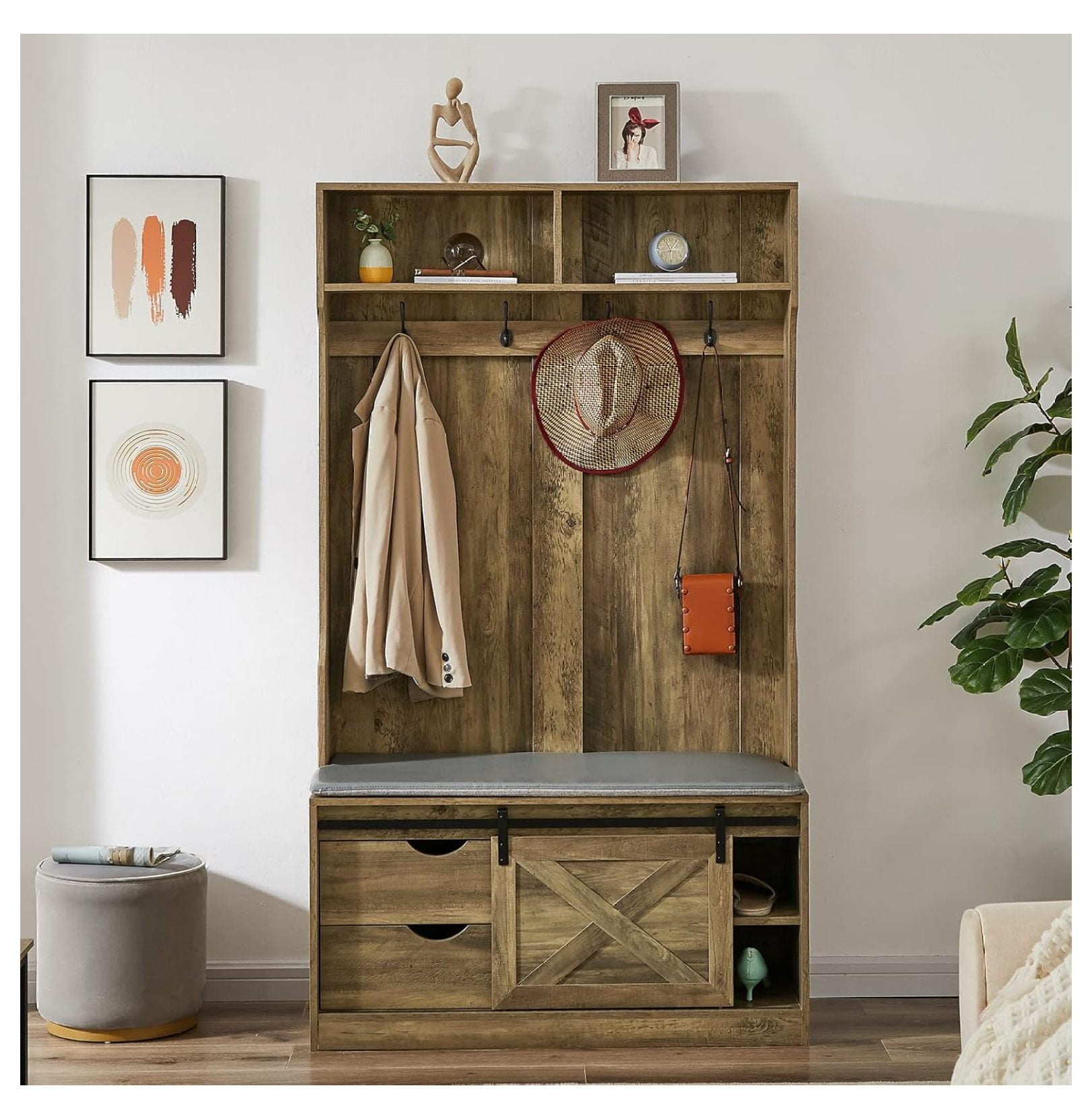 71 Inch Entryway with Sliding Barn Door, Farmhouse Hall Tree with Coat ...