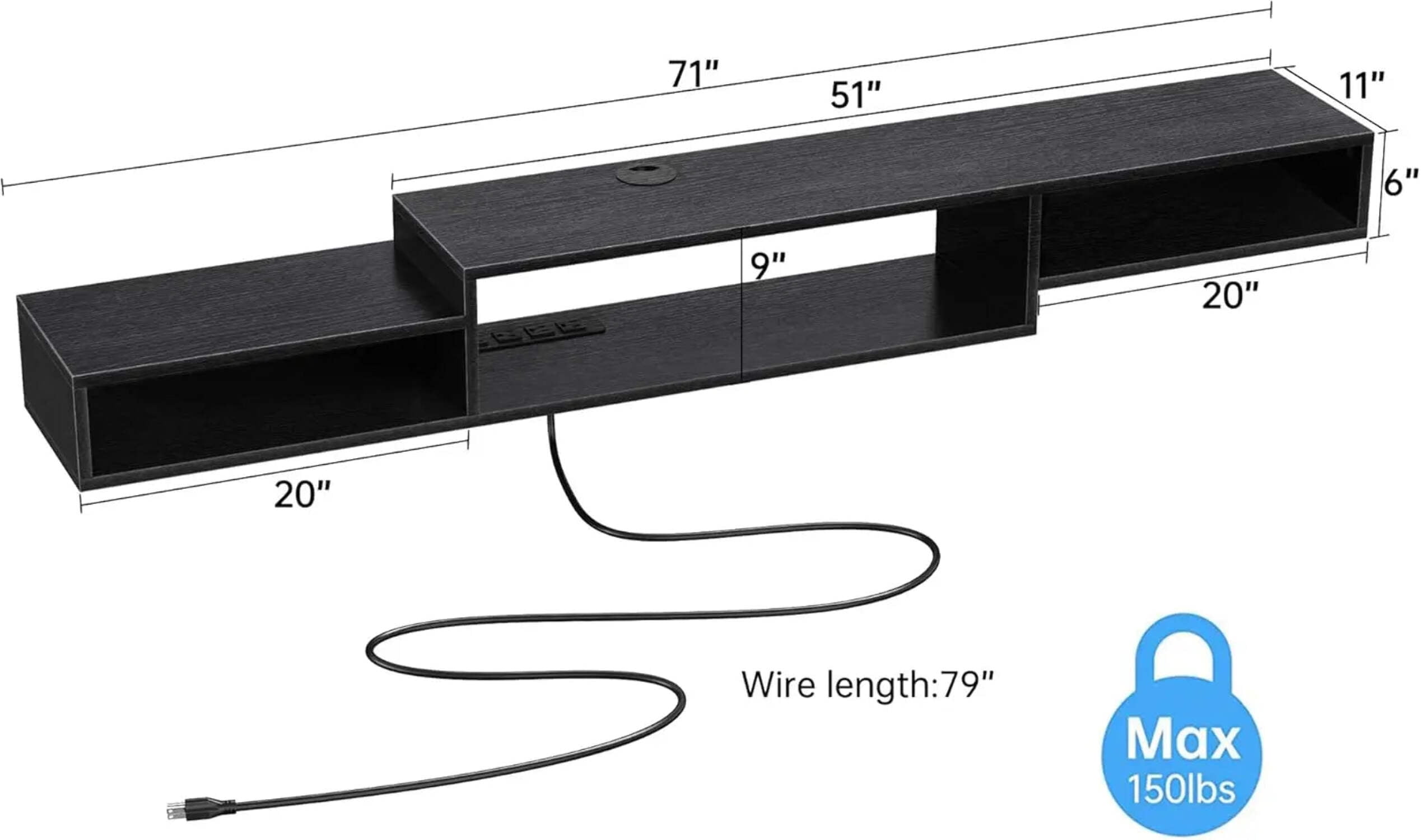 71 Inch Floating TV Stand with LED Light Power Outlet, TV Wall Mount ...
