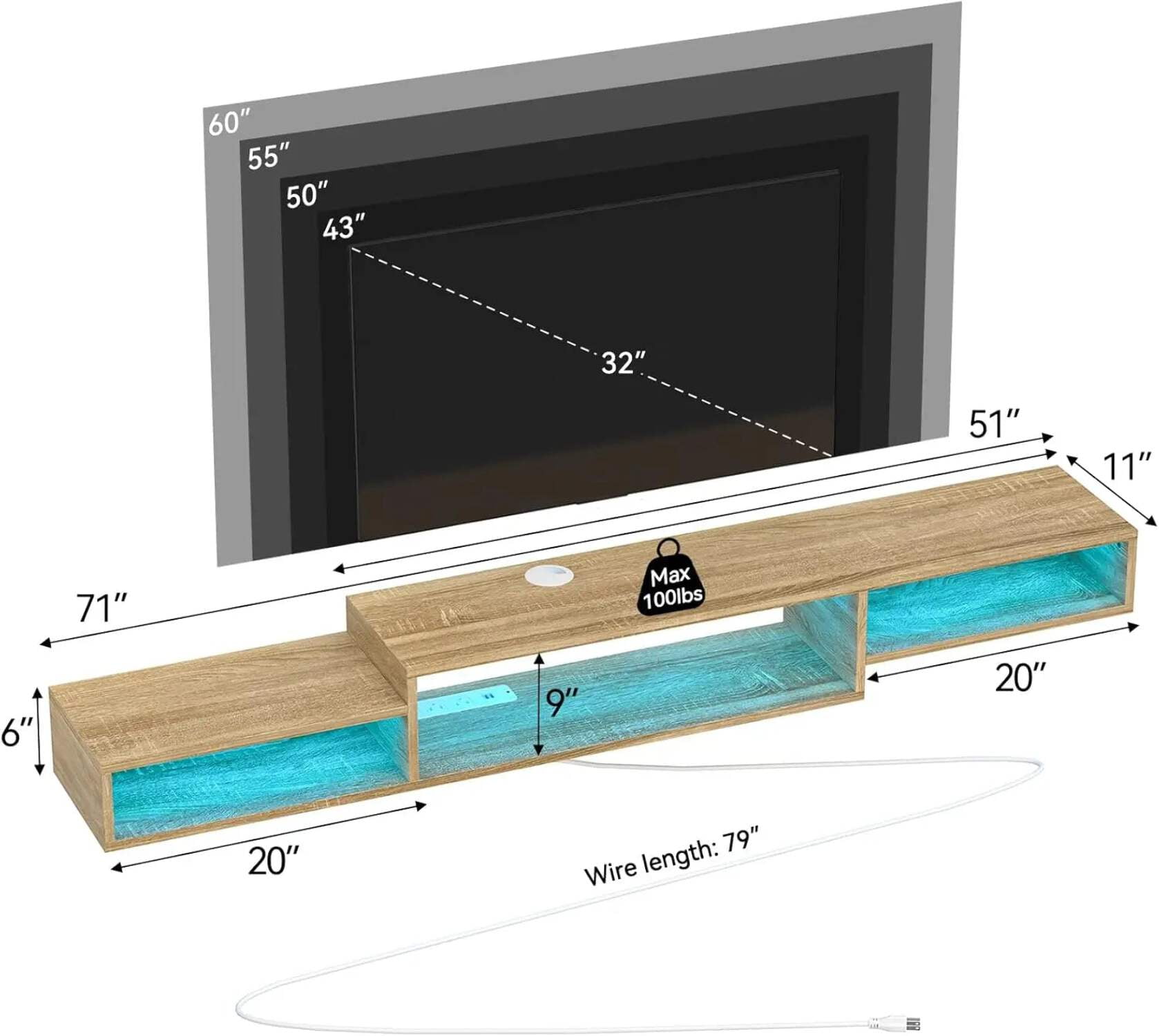 71 Inch Floating TV Stand with LED Light Power Outlet, TV Wall Mount ...
