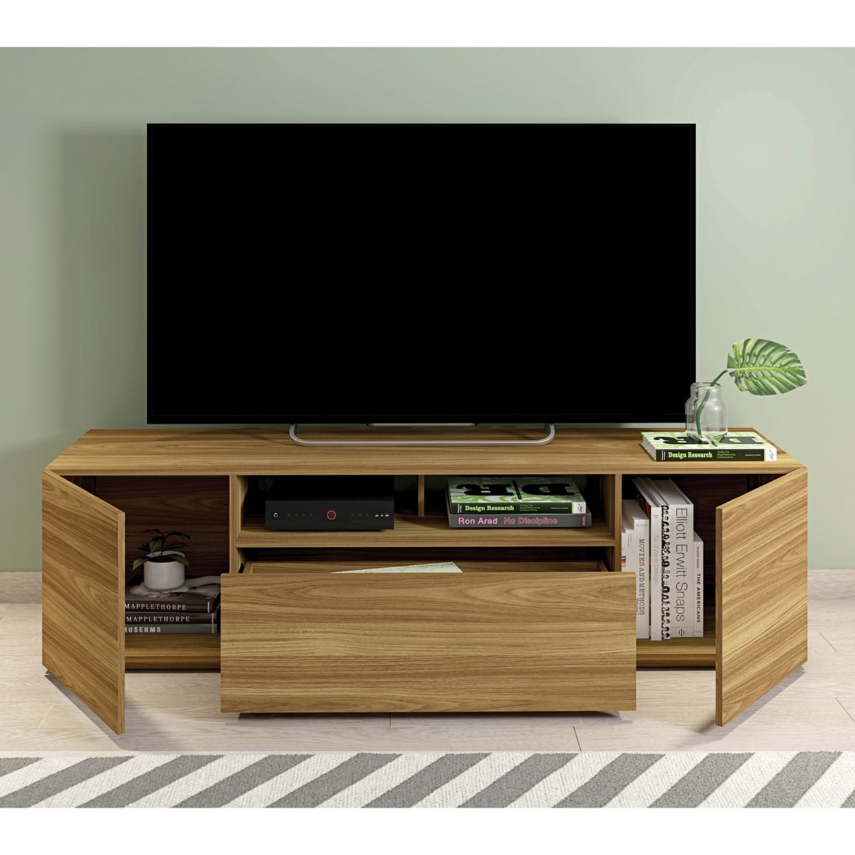 71 Inch Handcrafted Wood TV Media Entertainment Console, Wood Grain, 2 ...
