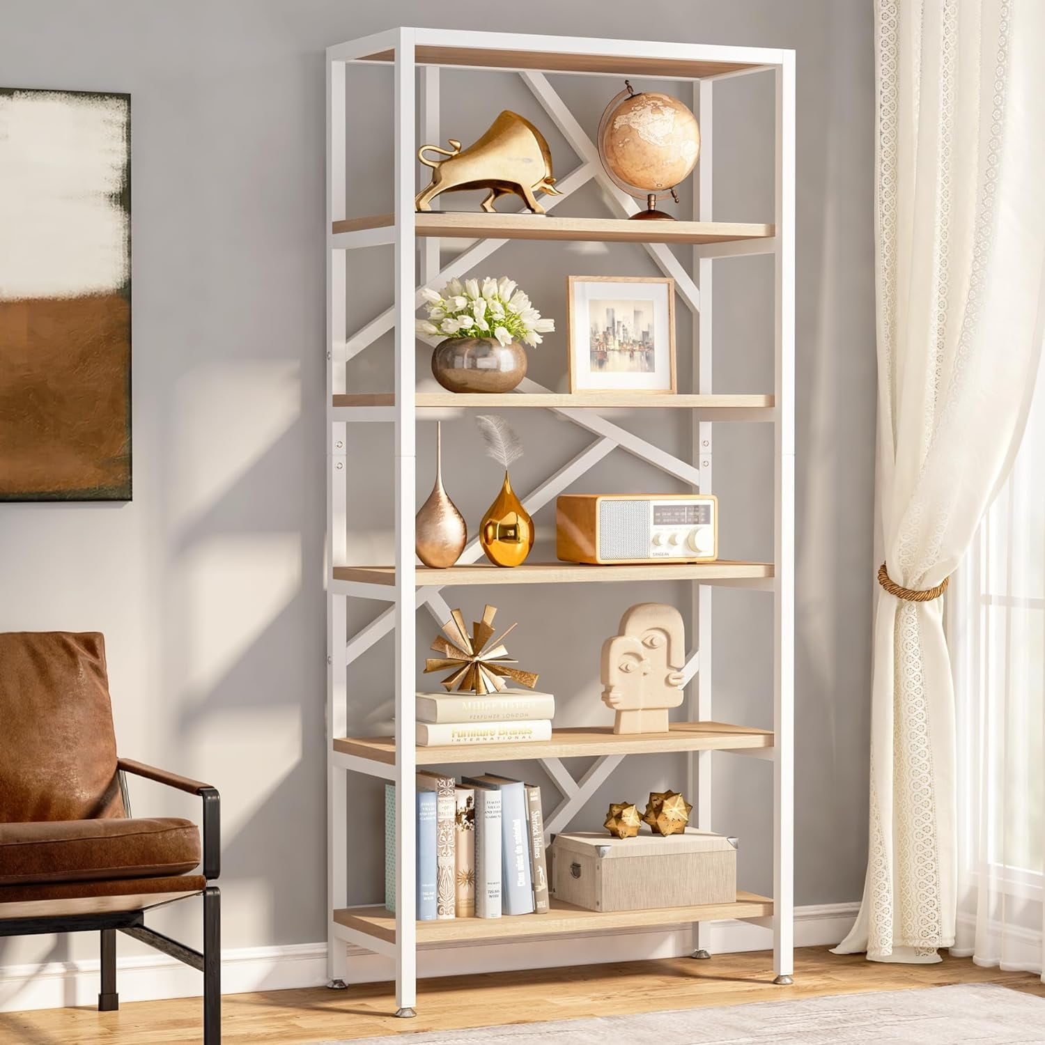 71 Inch Industrial Bookshelf 6 Etagere Bookcase Free Standing Open Book ...