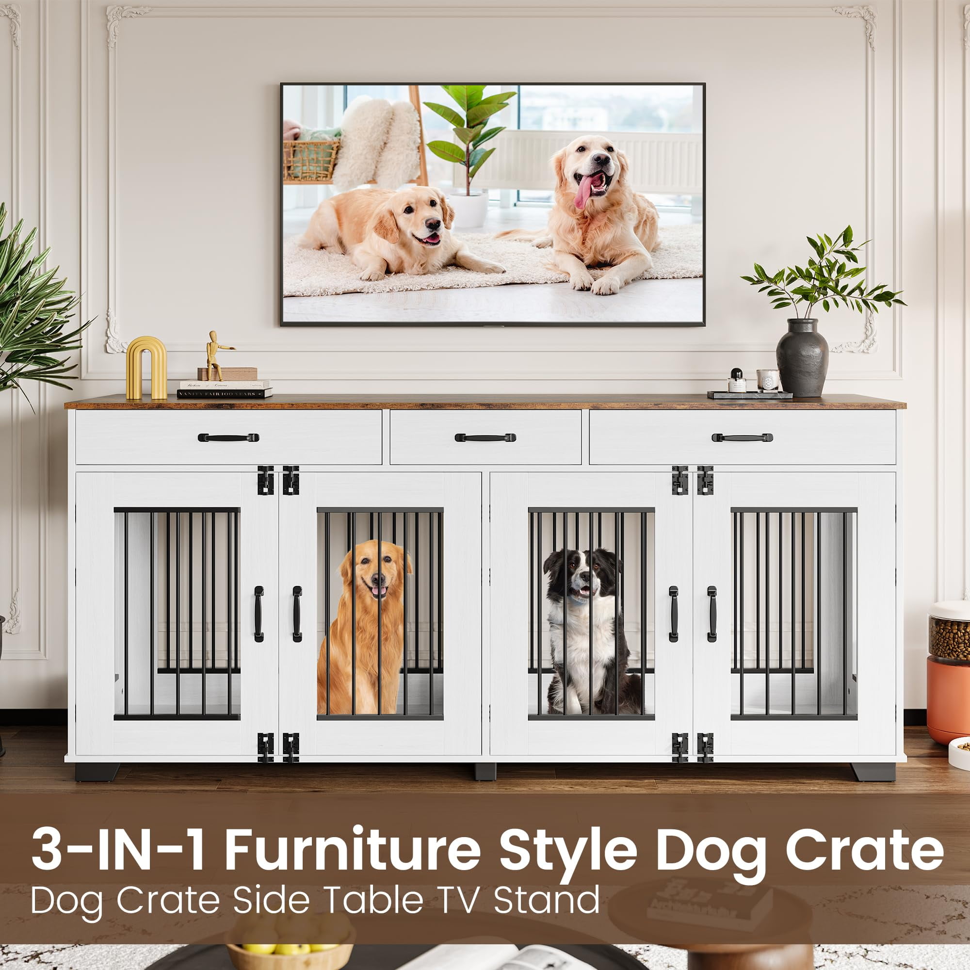 71-Inch Large Dog Crate with 3 Drawers for 2 Dogs, Spacious Wooden ...