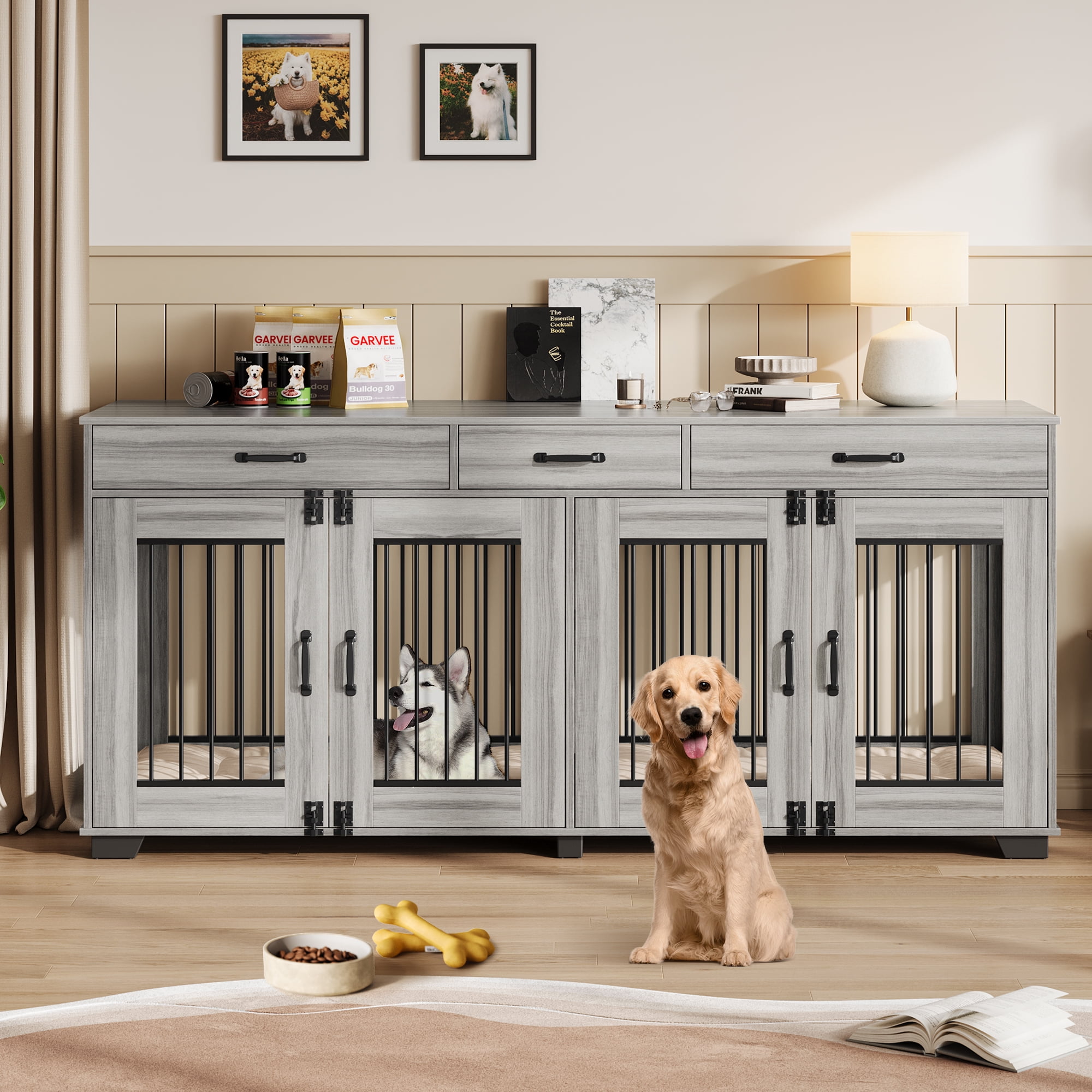 71-Inch Large Dog Crate with 3 Drawers for 2 Dogs, Spacious Wooden ...