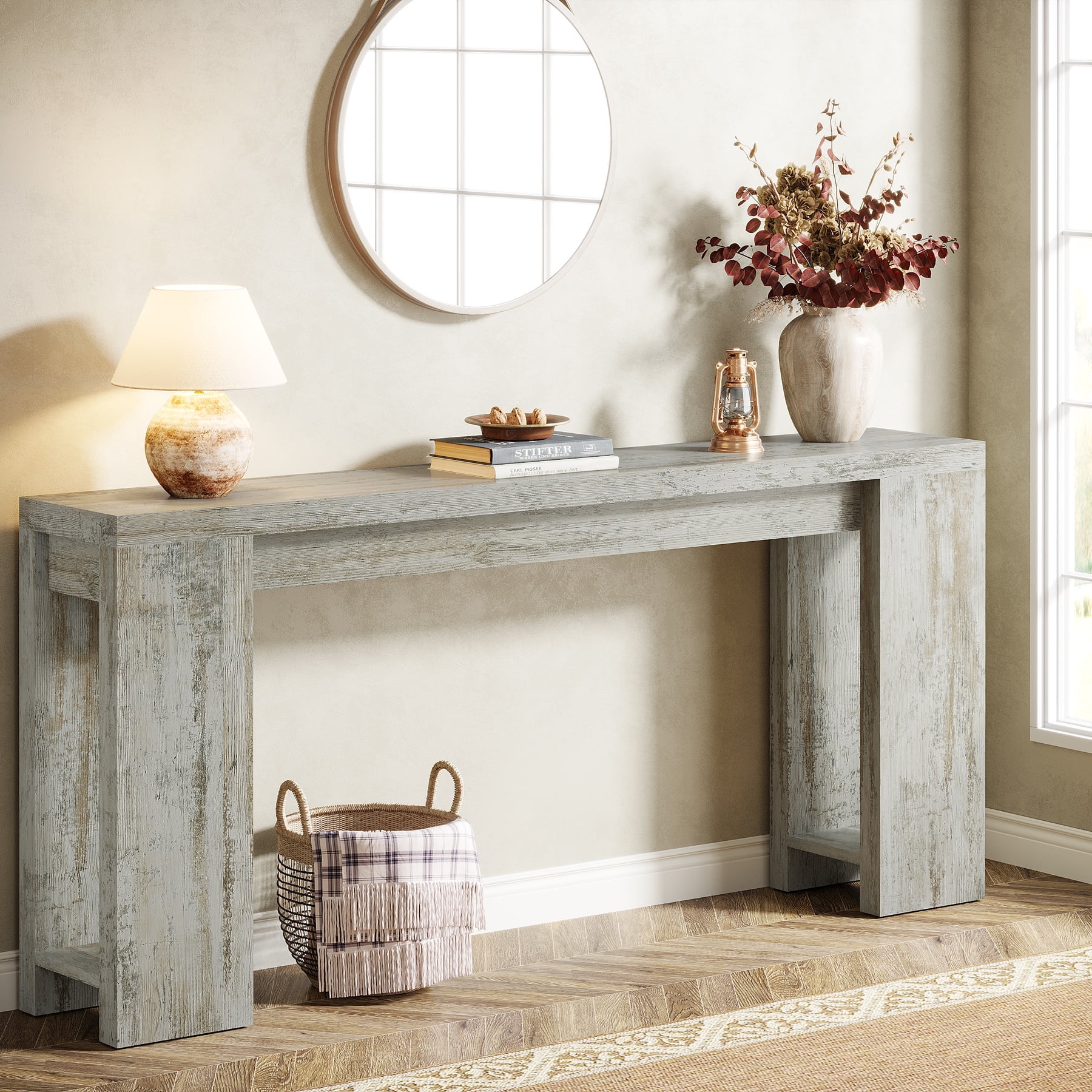 Lantine 71" Long Console Table, 2-Tier Wooden Narrow Rectangular Sofa Table Behind Couch ...