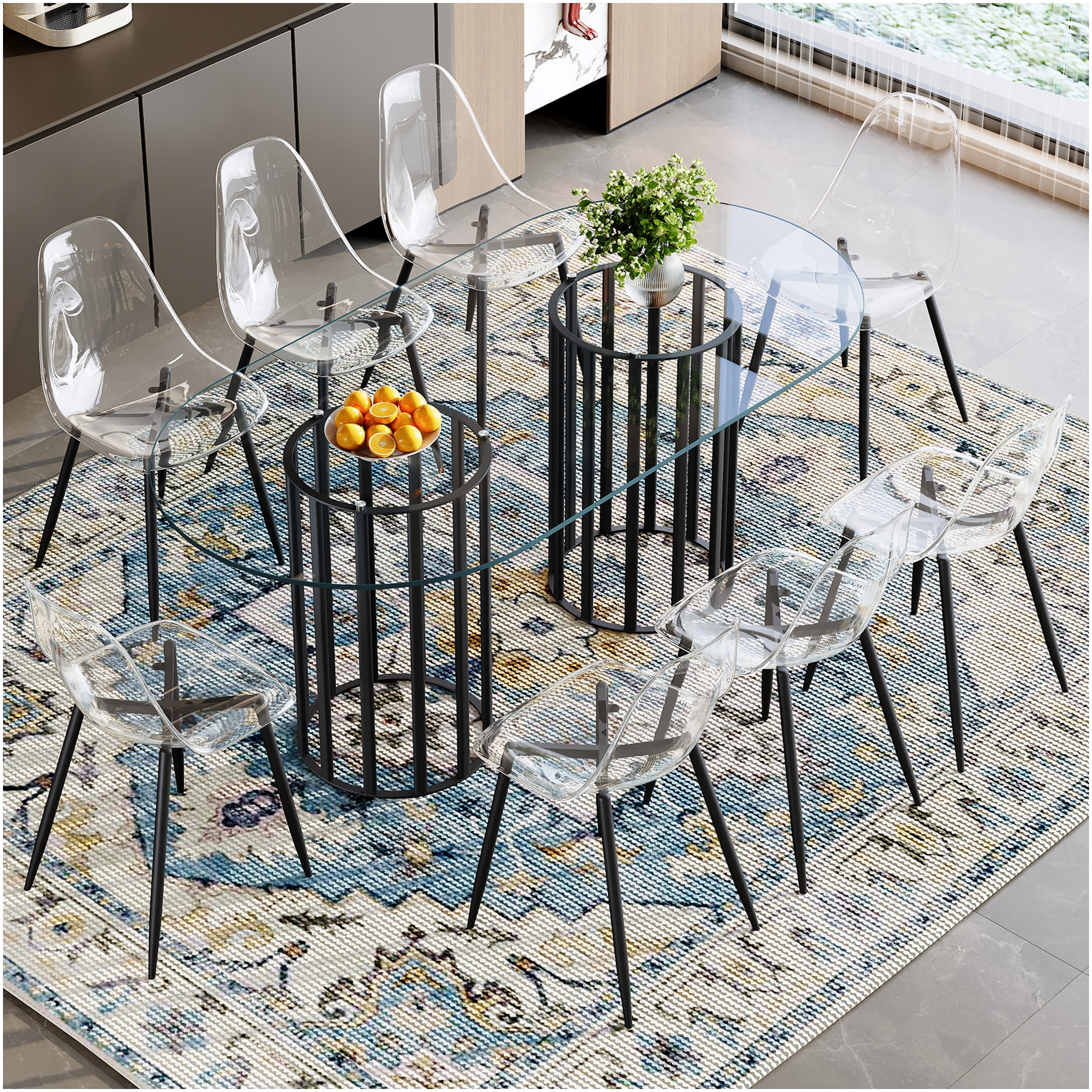 71-Inch Oval Tempered Glass Dining Table with 8 Transparent Chairs ...