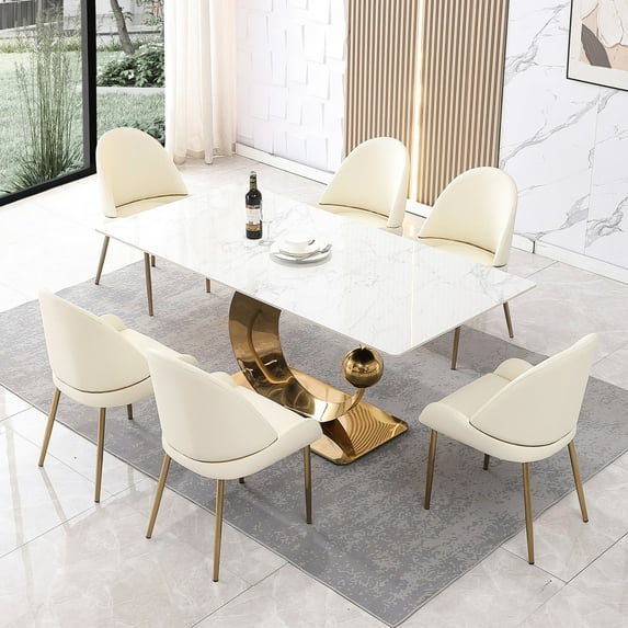 71-Inch Sintered Stone Dining Table with 6 Chairs, Square Beige Desk ...