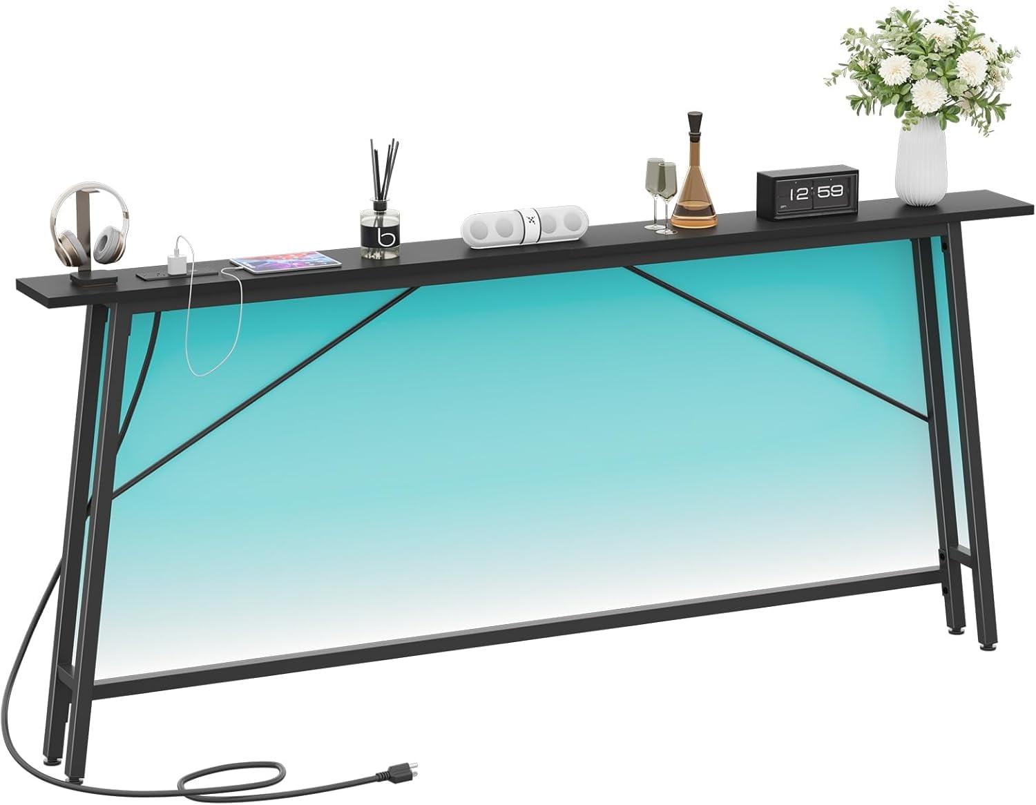 71 Inch Skinny Console Table with Charging Station and LED Light ...