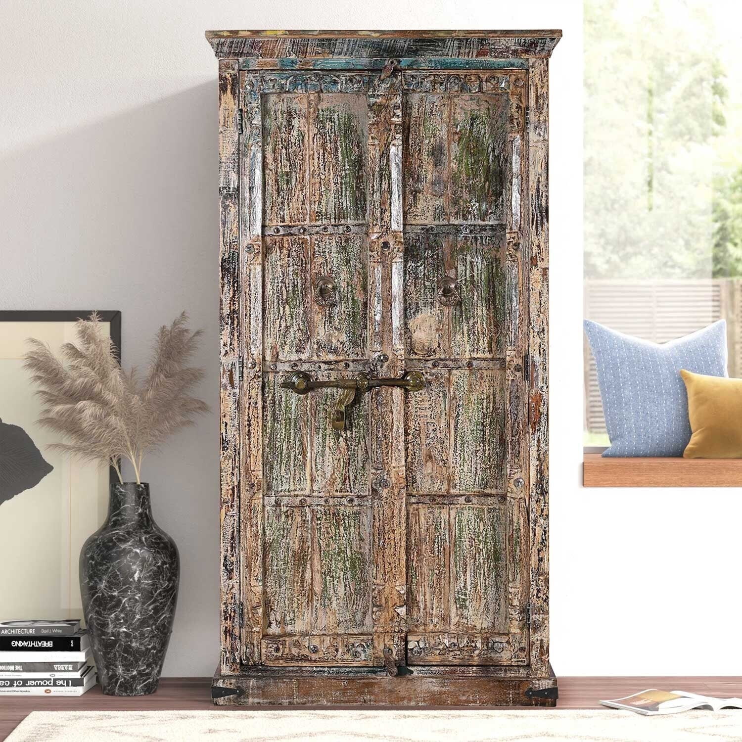 71 Inch Tall Antique Solid Wood Wardrobe | Farmhouse Style Hand Painted ...