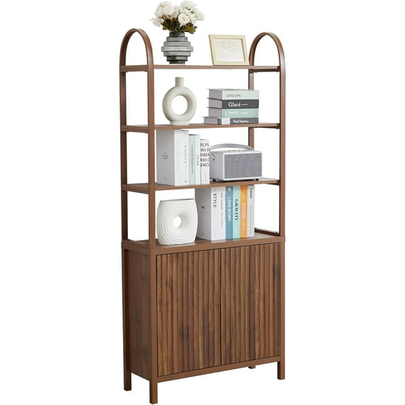 71 Inch Tall Arched Bookshelf Storage in Walnut with Fluted Doors ...