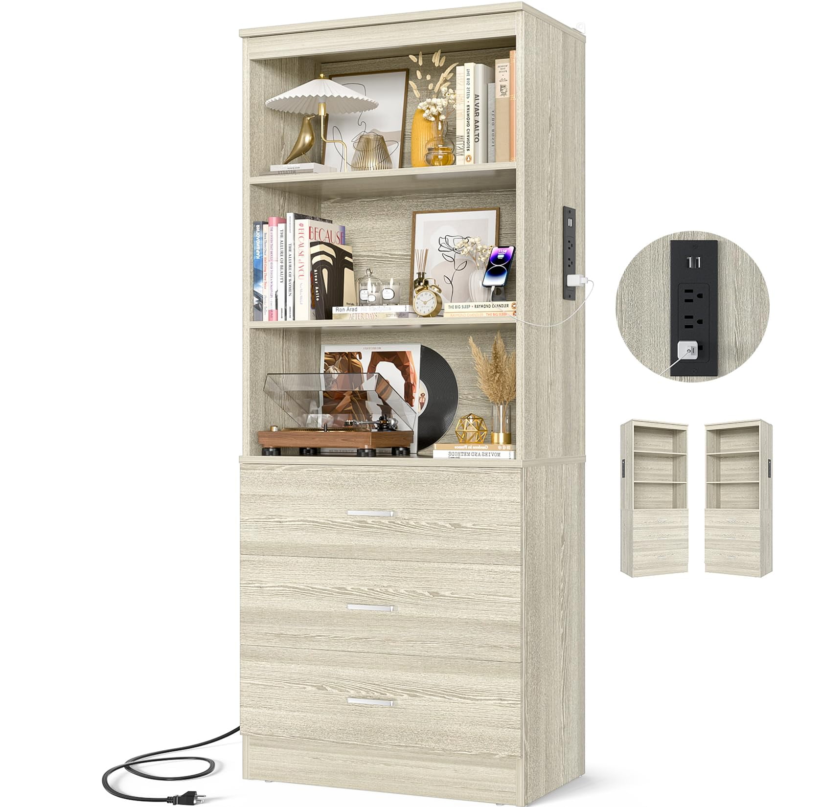 71 Inches Bookshelf with Built-in USB Ports and Electrical Outlets ...