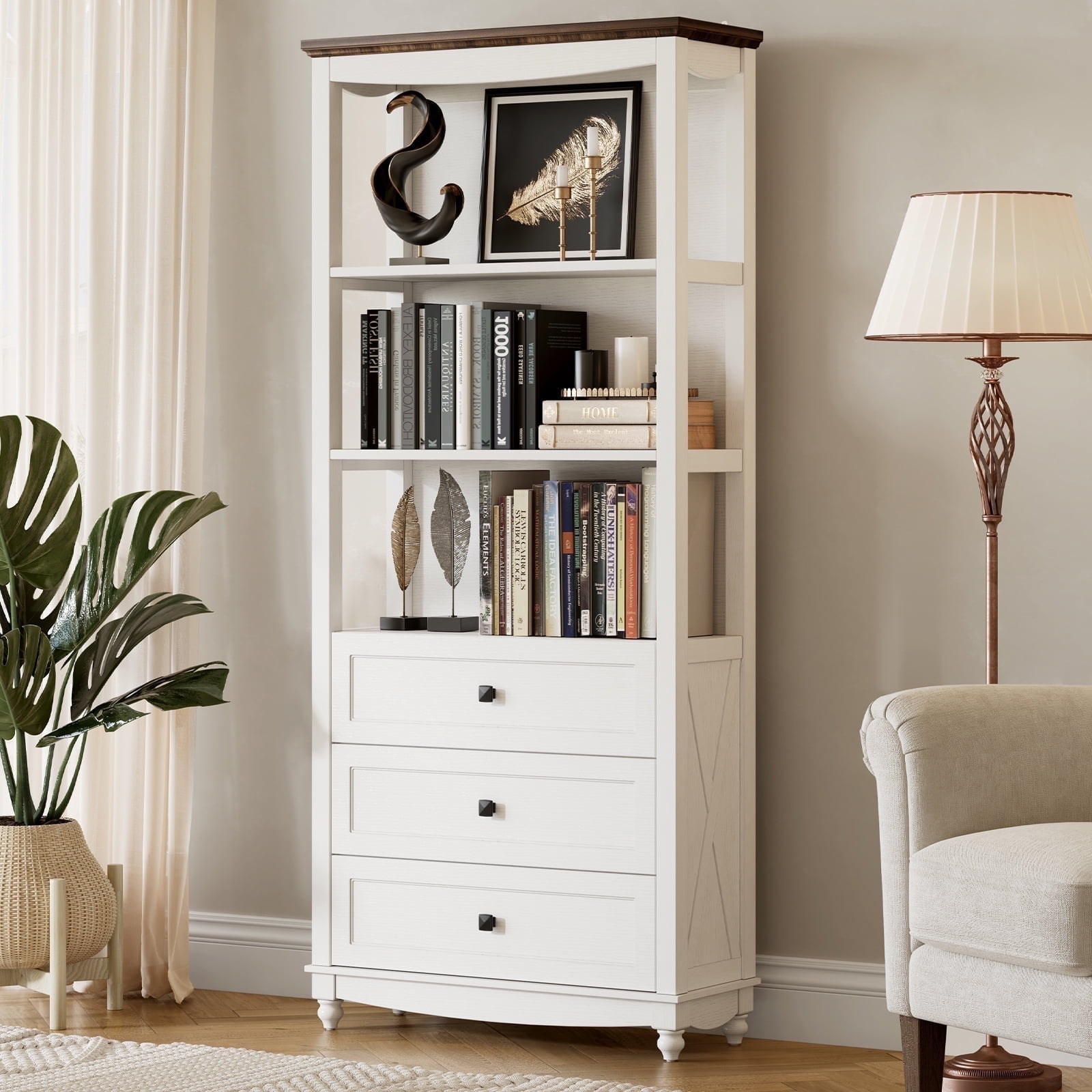 Flycity 71 Inch Tall Bookshelf, 6 Tiers Farmhouse Bookcase with Drawers ...