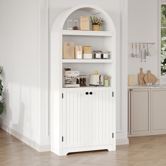 71 Inch Tall White Arched Freestanding Bookcase With Cabinet Doors And ...