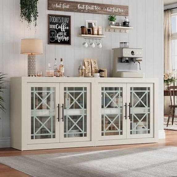 71 Inch White 4 Glass Door Tall Buffet Sideboard, Large Storage Coffee ...