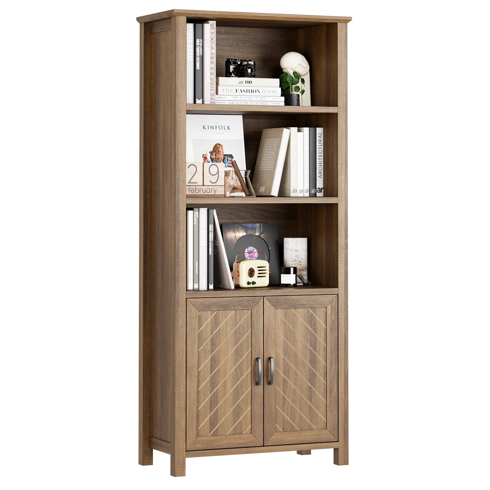 71 Inch Wooden Bookcase, Adjustable Bookcase with Door and 3 Open ...