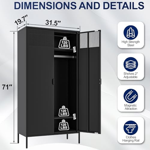 71 Inches Black Metal Wardrobe Cabinet with Hanging Rod, Metal Armoire ...