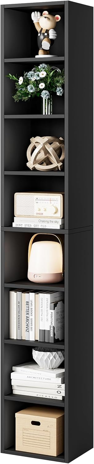 71 Inches Tall Narrow Bookcase, 8-Tier Slim CD DVD Media Tower Rack ...