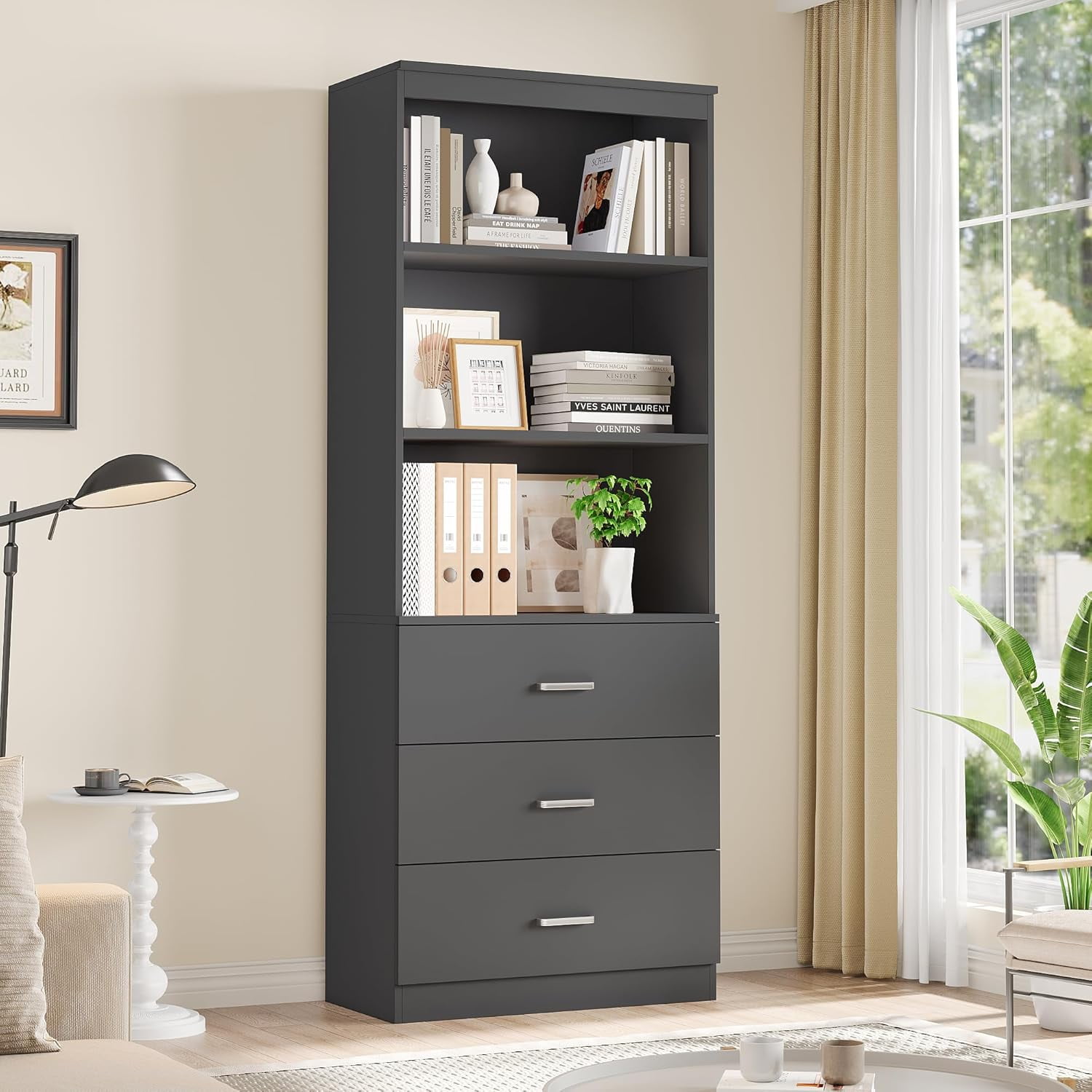71 Inches Tall Storage Cabinet Bookcase with 3 Drawers and 3-Tier Open ...