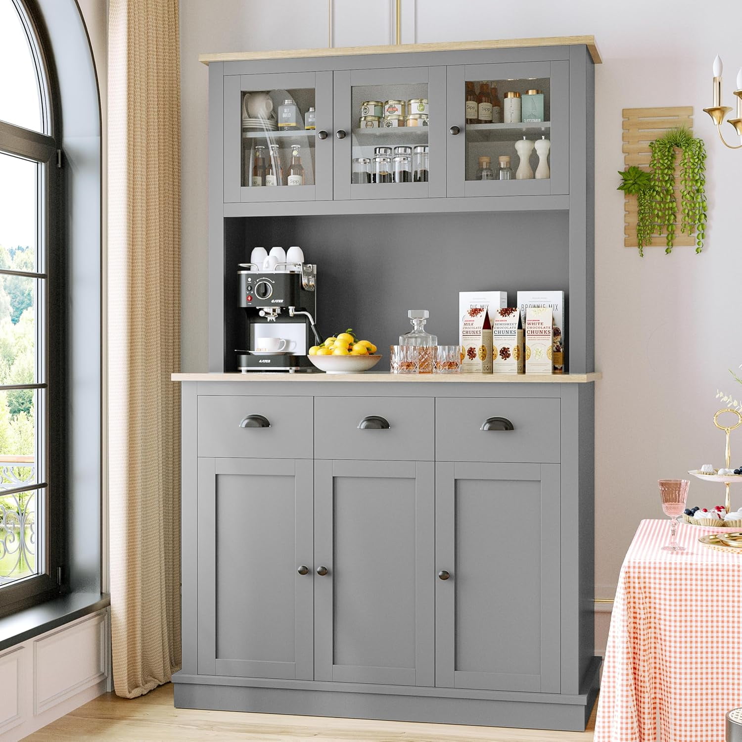 71" Kitchen Hutch Storage Cabinet with Countertop, Tall Freestanding ...