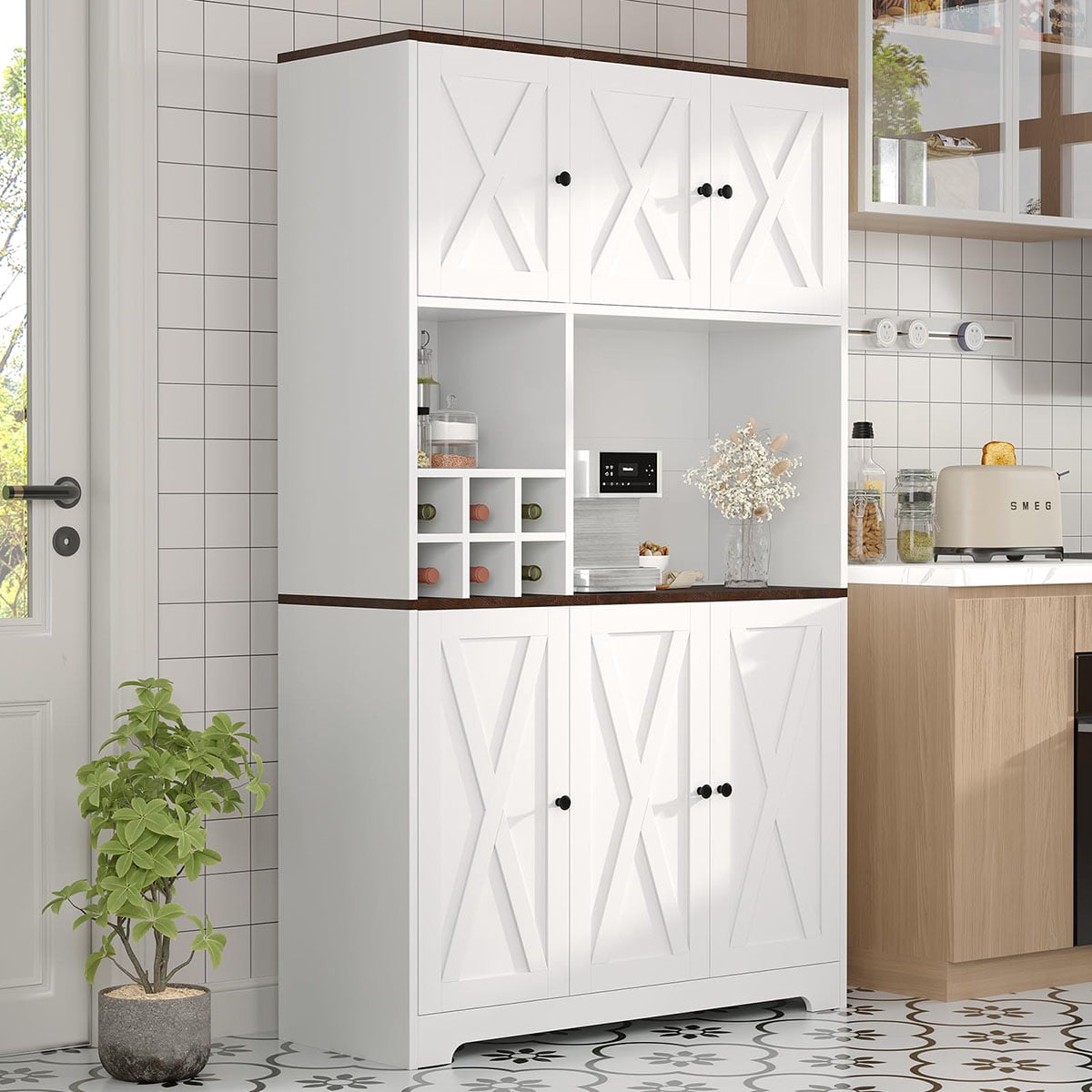 71" Kitchen Pantry Cabinet with Charging Station, Farmhouse Cupboard ...