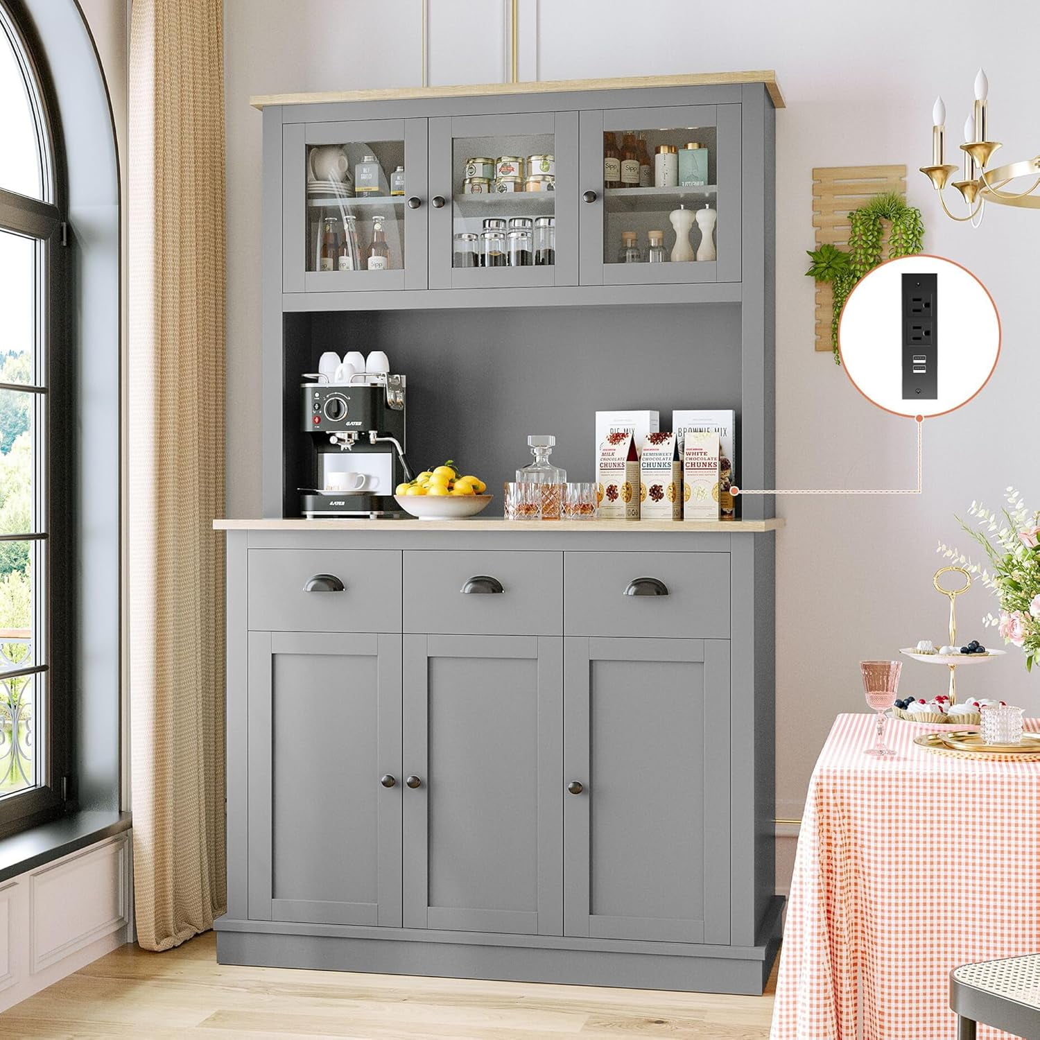 71" Kitchen Pantry Cabinet with Charging Station, Tall Kitchen Hutch ...