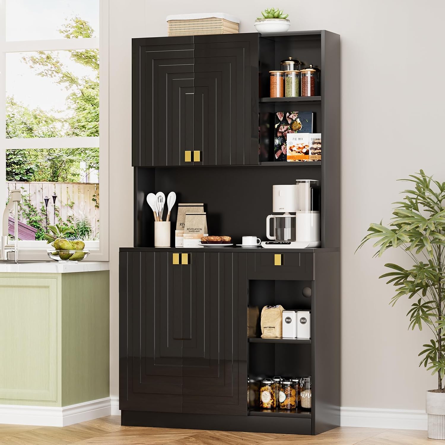 71" Kitchen Pantry Cabinet, Hutch Cabinet Wood Buffet Organizer with ...