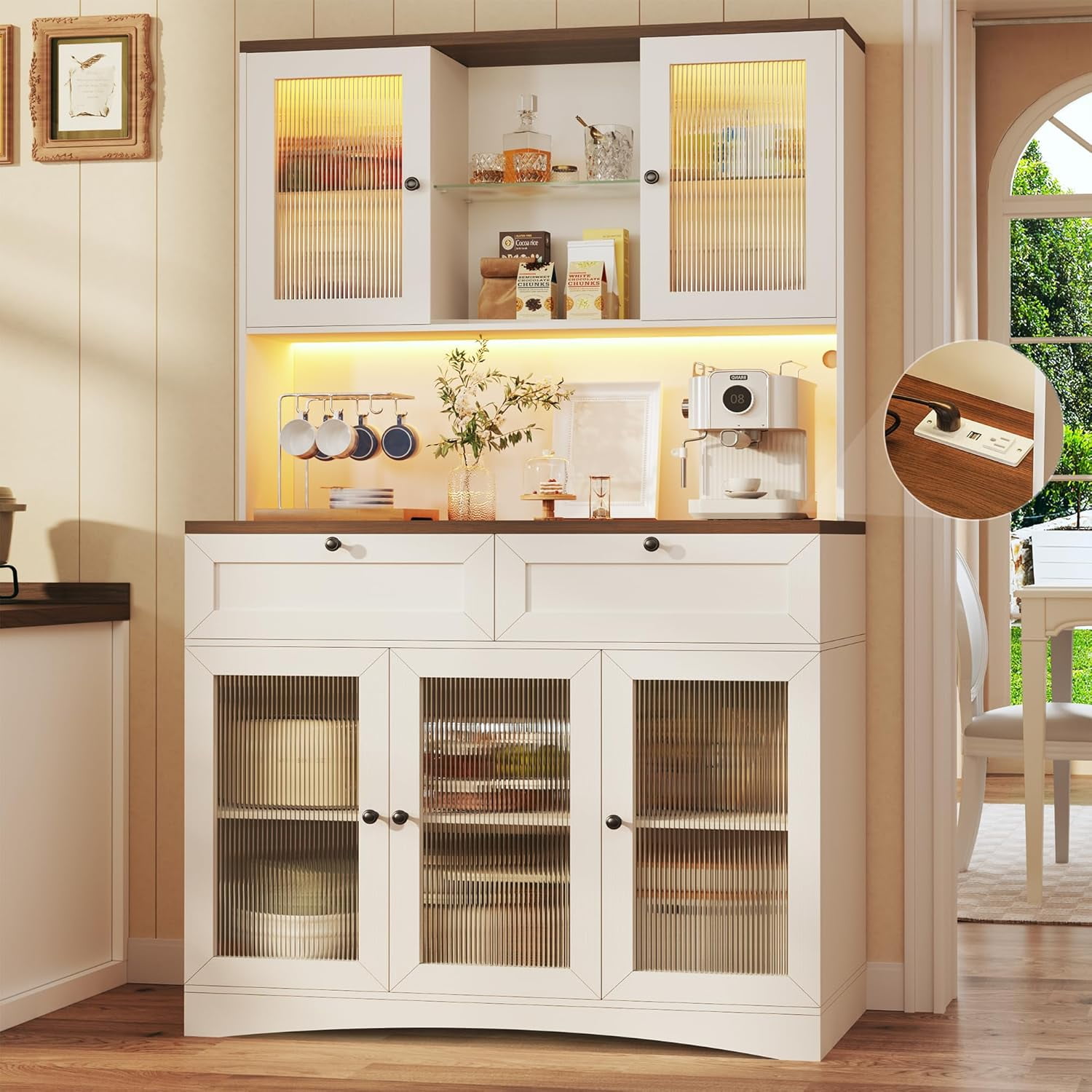71" Kitchen Pantry Cabinet with Lights & Glass Doors, Pantry Storage ...