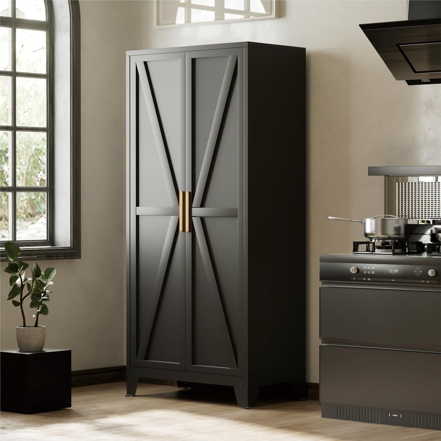 71" Kitchen Pantry Cabinet, Metal Storage Cabinet with 2 Doors and 4 ...