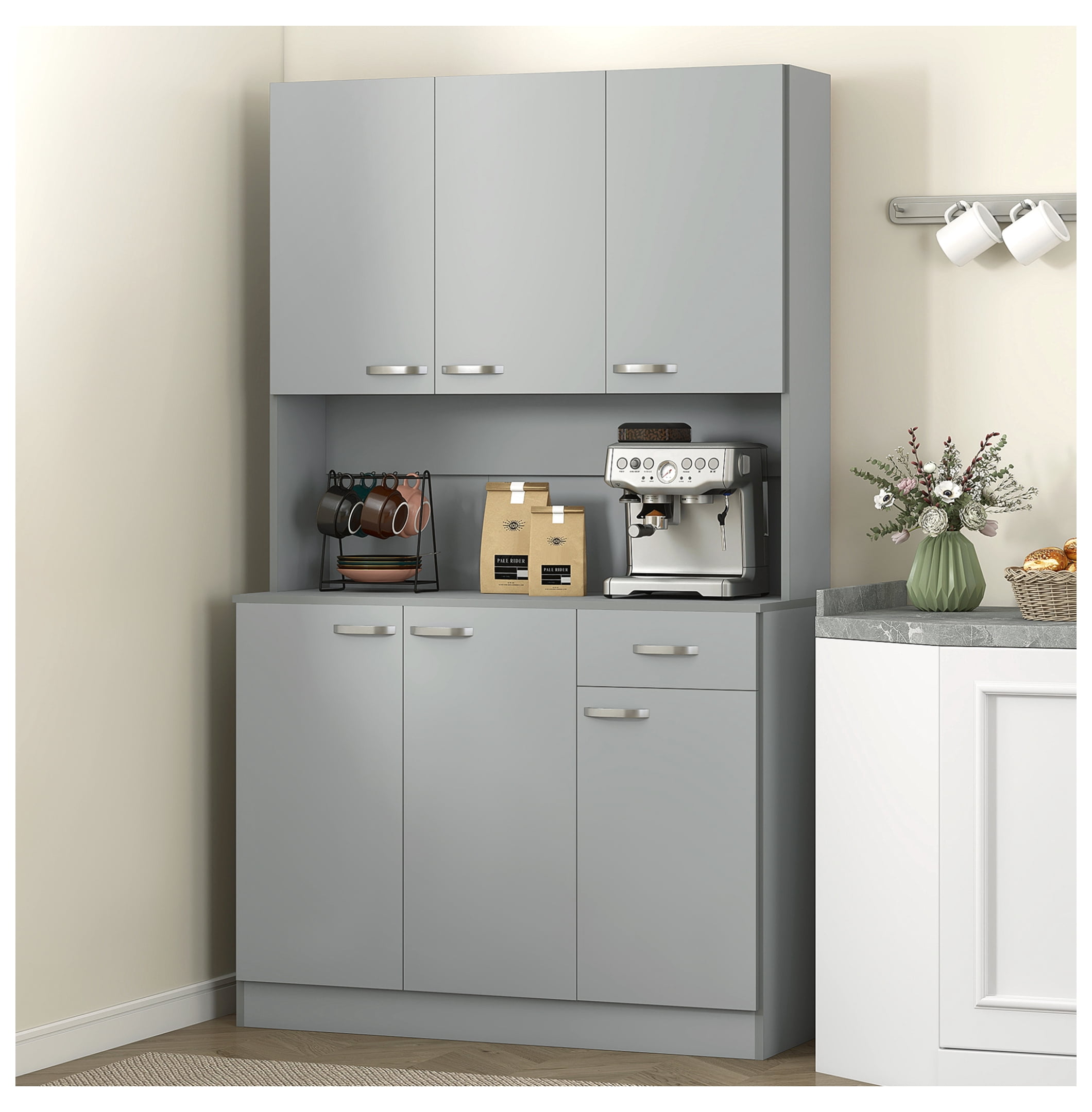 71" Kitchen Pantry Cabinet with Microwave Stand - Tall Storage Hutch, 6 ...