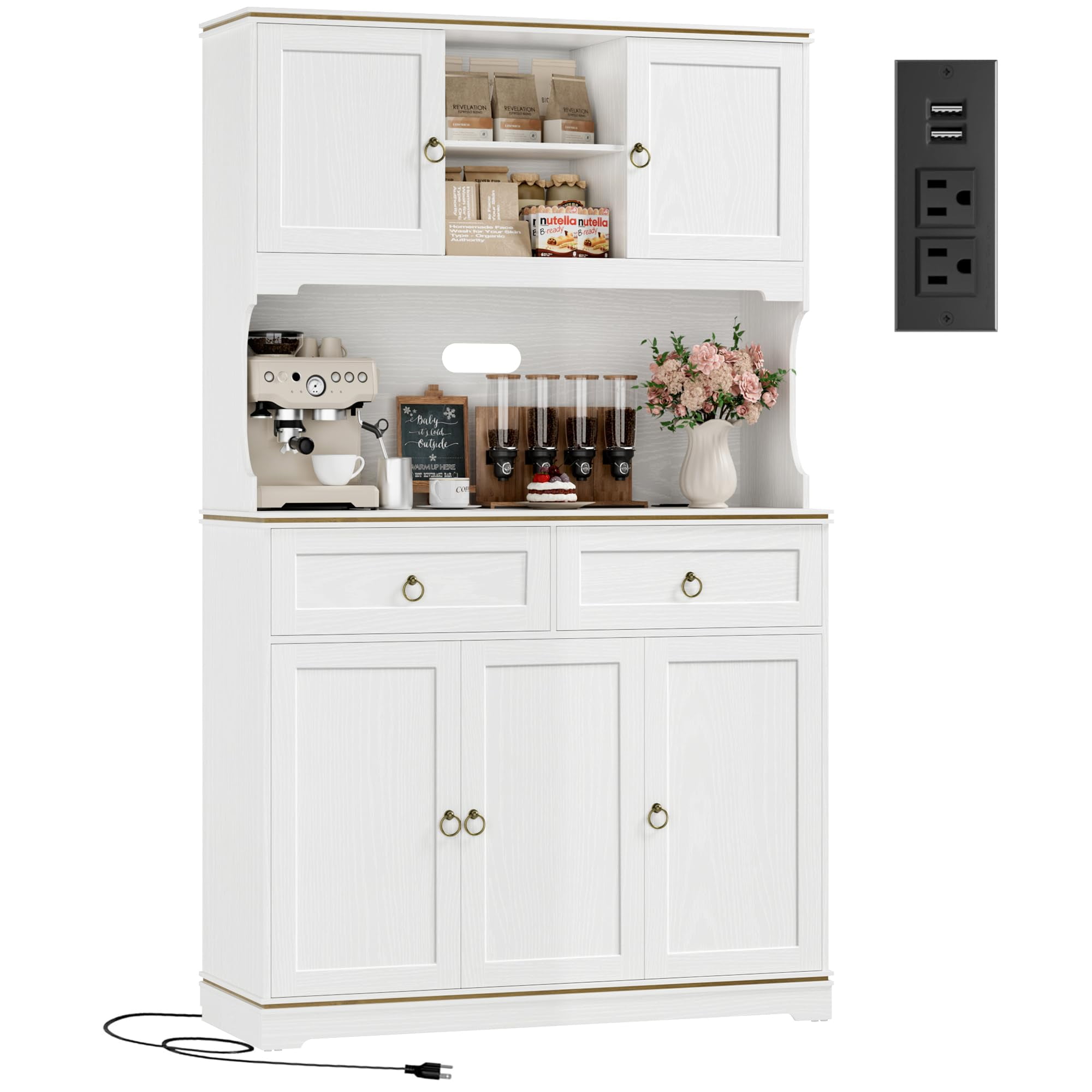 71" Kitchen Pantry Cabinet with Charging Station, Farmhouse Storage ...