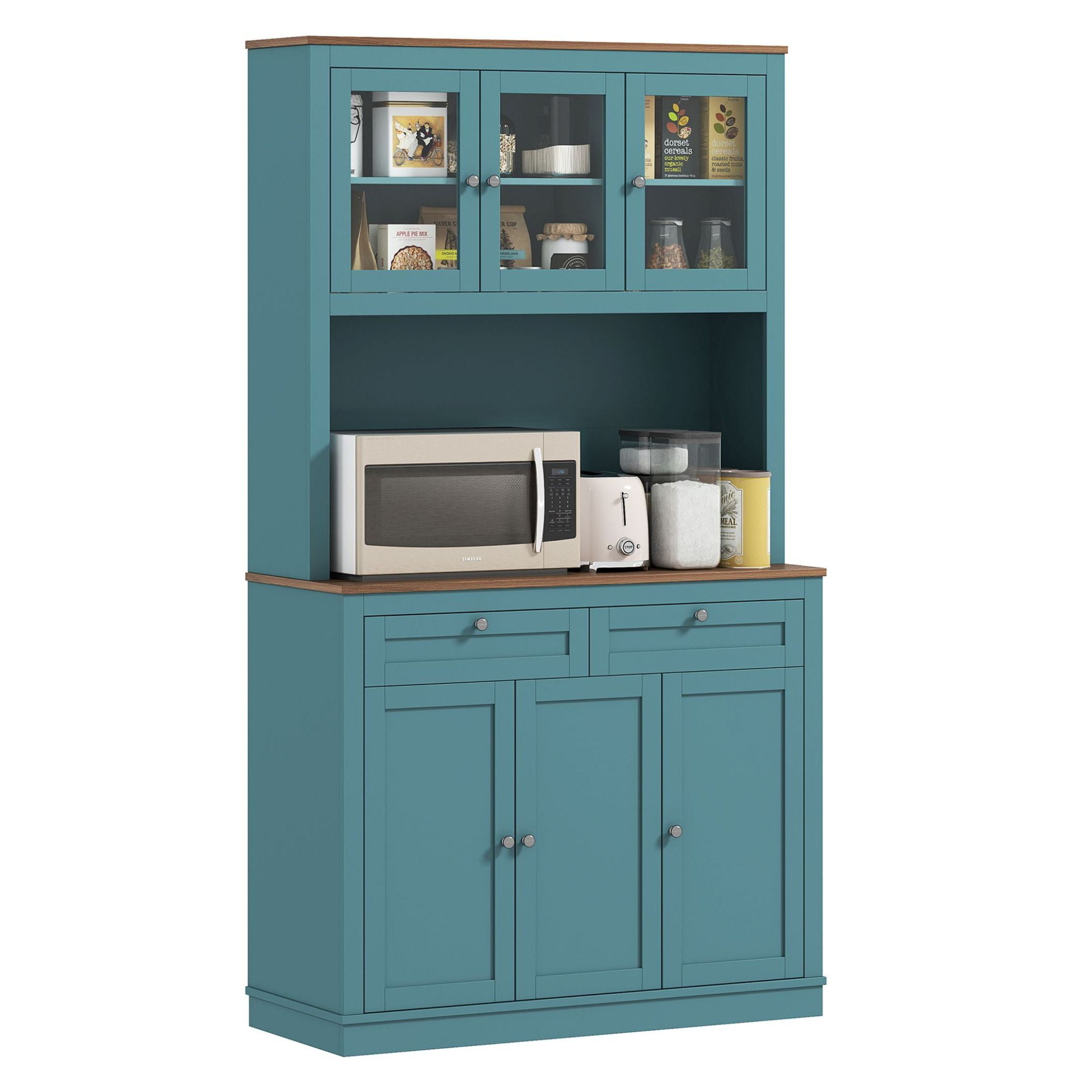 71" Kitchen Pantry Cabinet with Microwave Stand - Green Hutch with ...