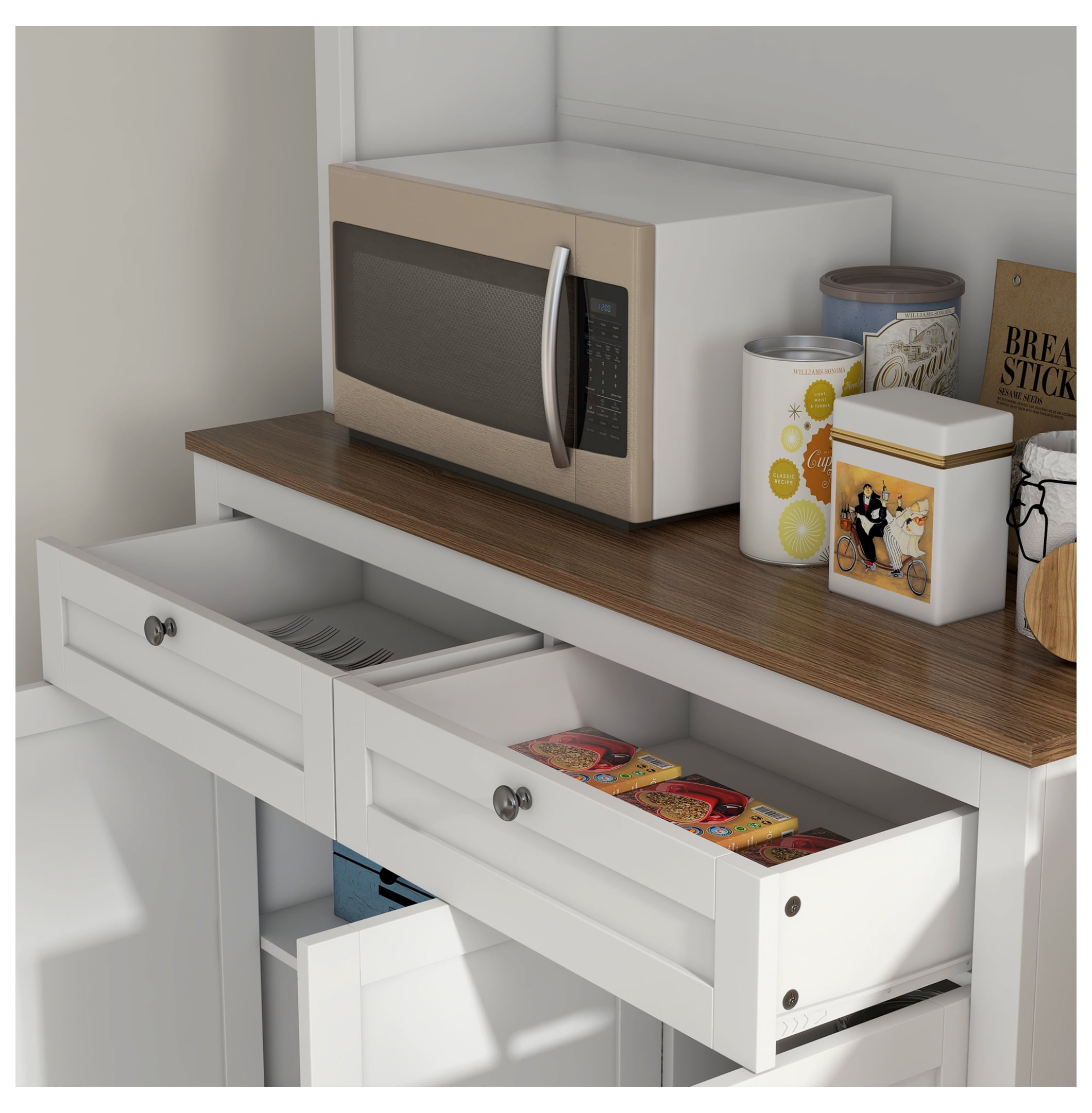 71" Kitchen Pantry Cabinet with Microwave Stand - White Hutch with ...