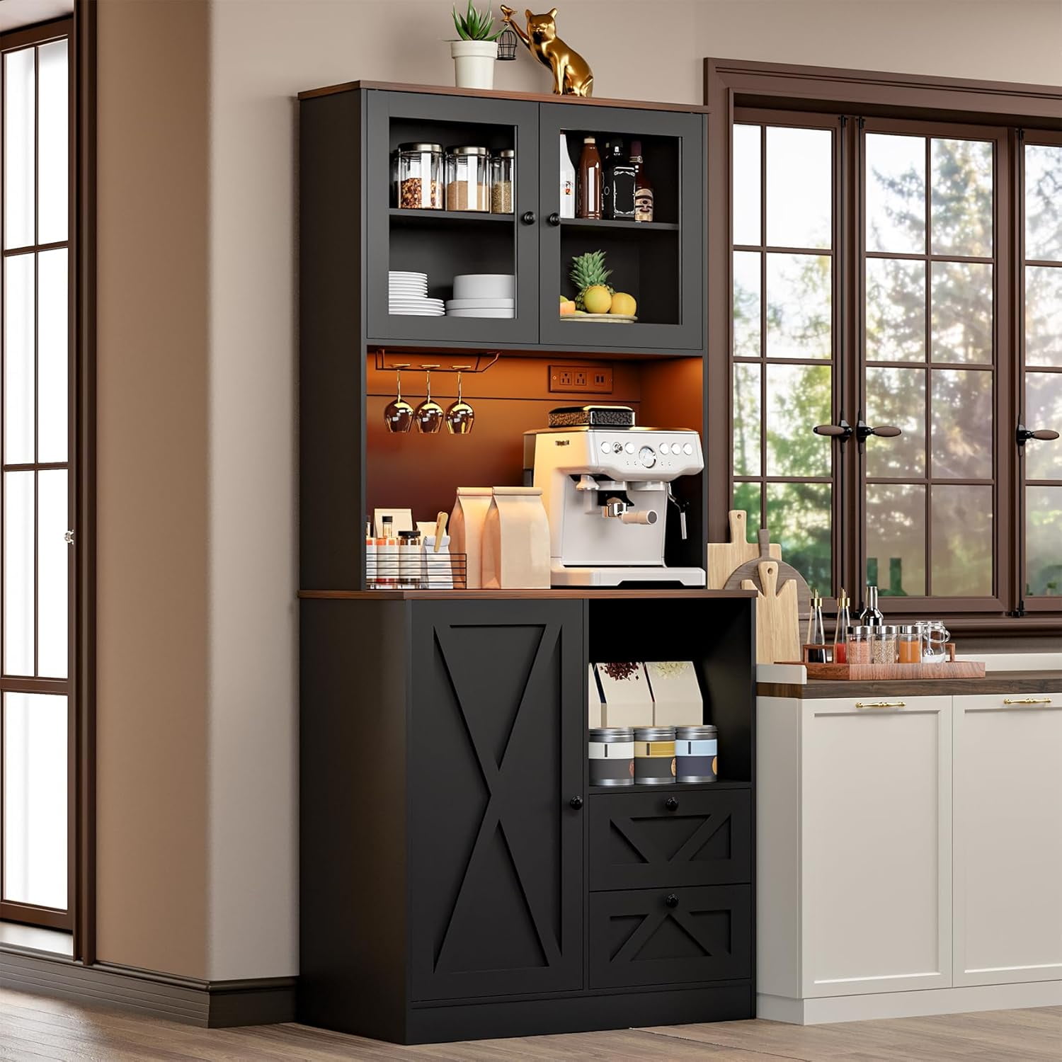 71‘’Kitchen Pantry Storage Cabinet with LED Lights and Power Outlet ...