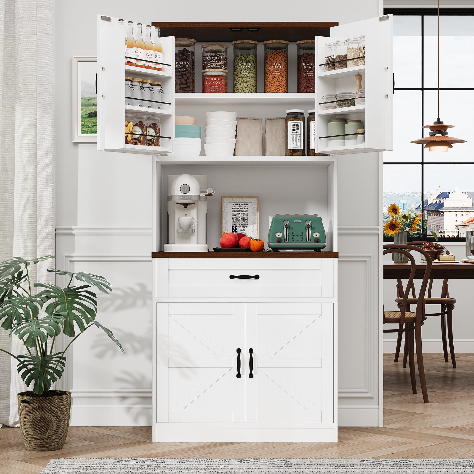 71" Kitchen Pantry Storage Cabinet with Charging Station, Farmhouse ...