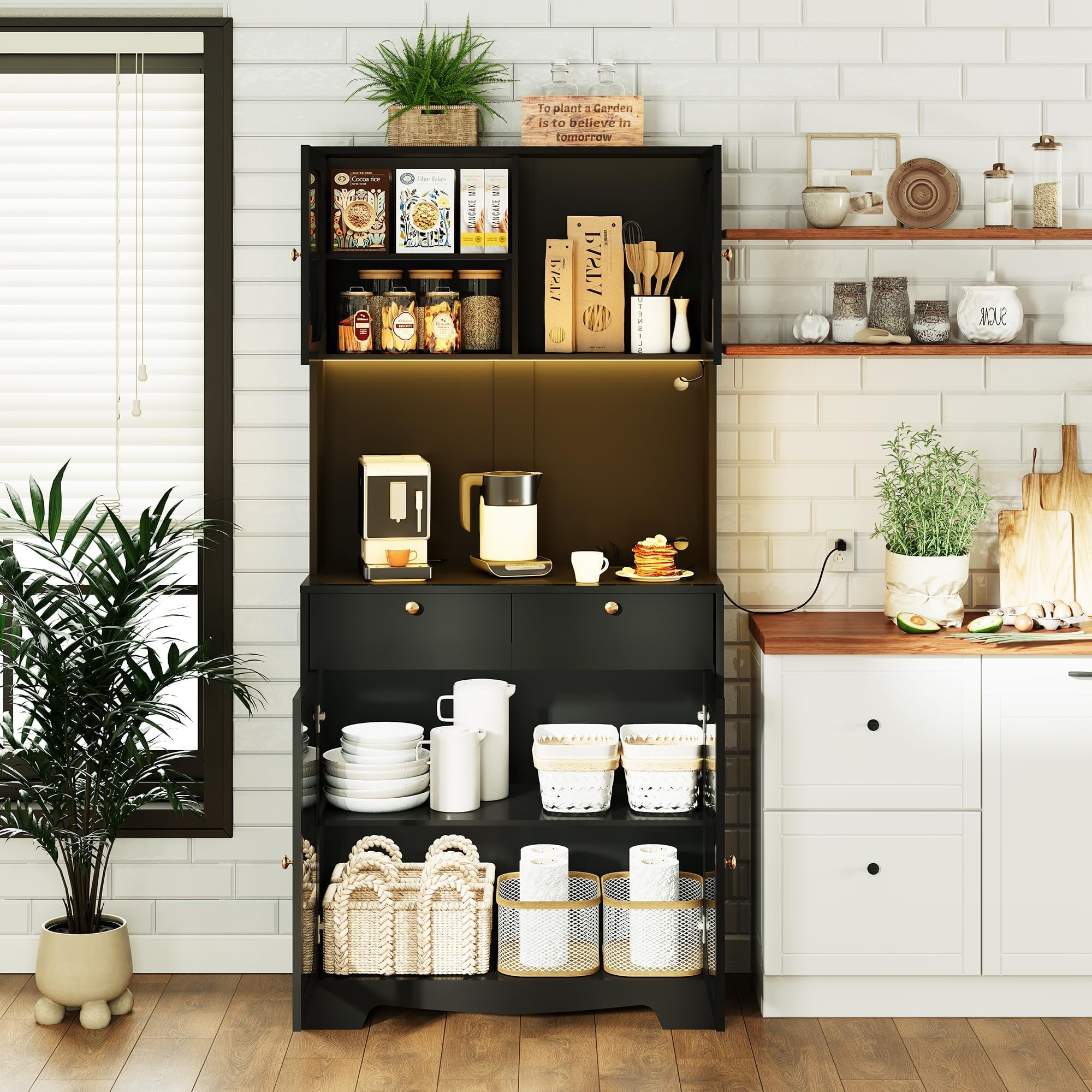 71" Kitchen Pantry Storage Cabinet with Lights and Charging Station ...
