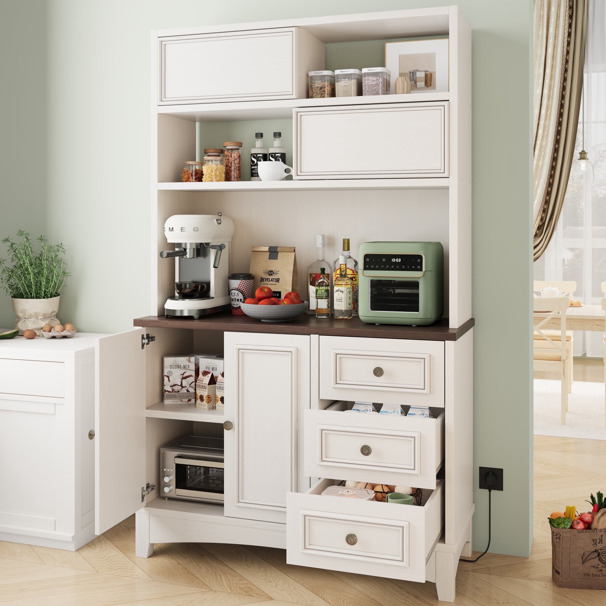 71" Kitchen Pantry with Charging Station, Freestanding Cupboard with ...