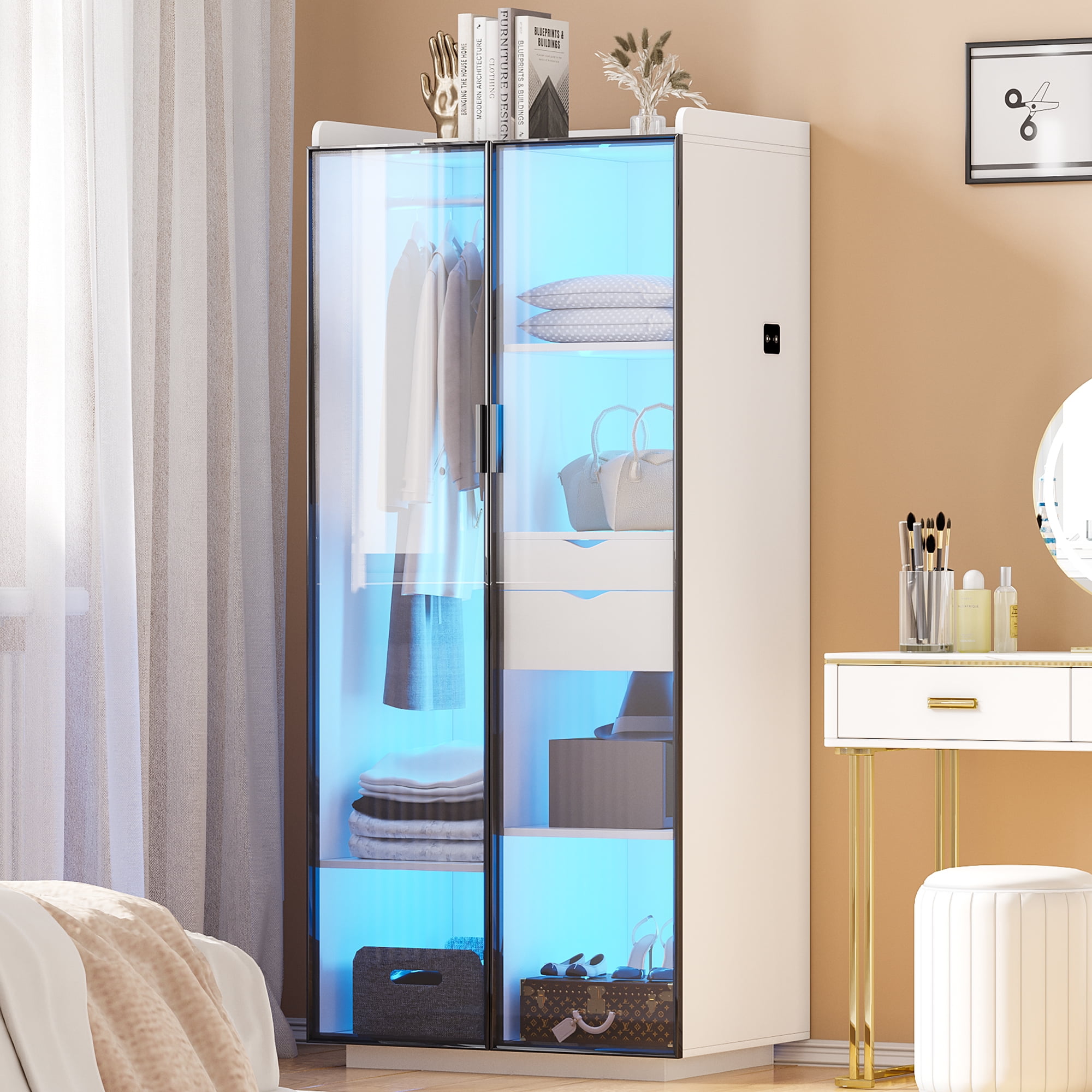 71” LED Armoire Wardrobe Closet with Hanging Rod, Auto Sensor Wardrobe ...