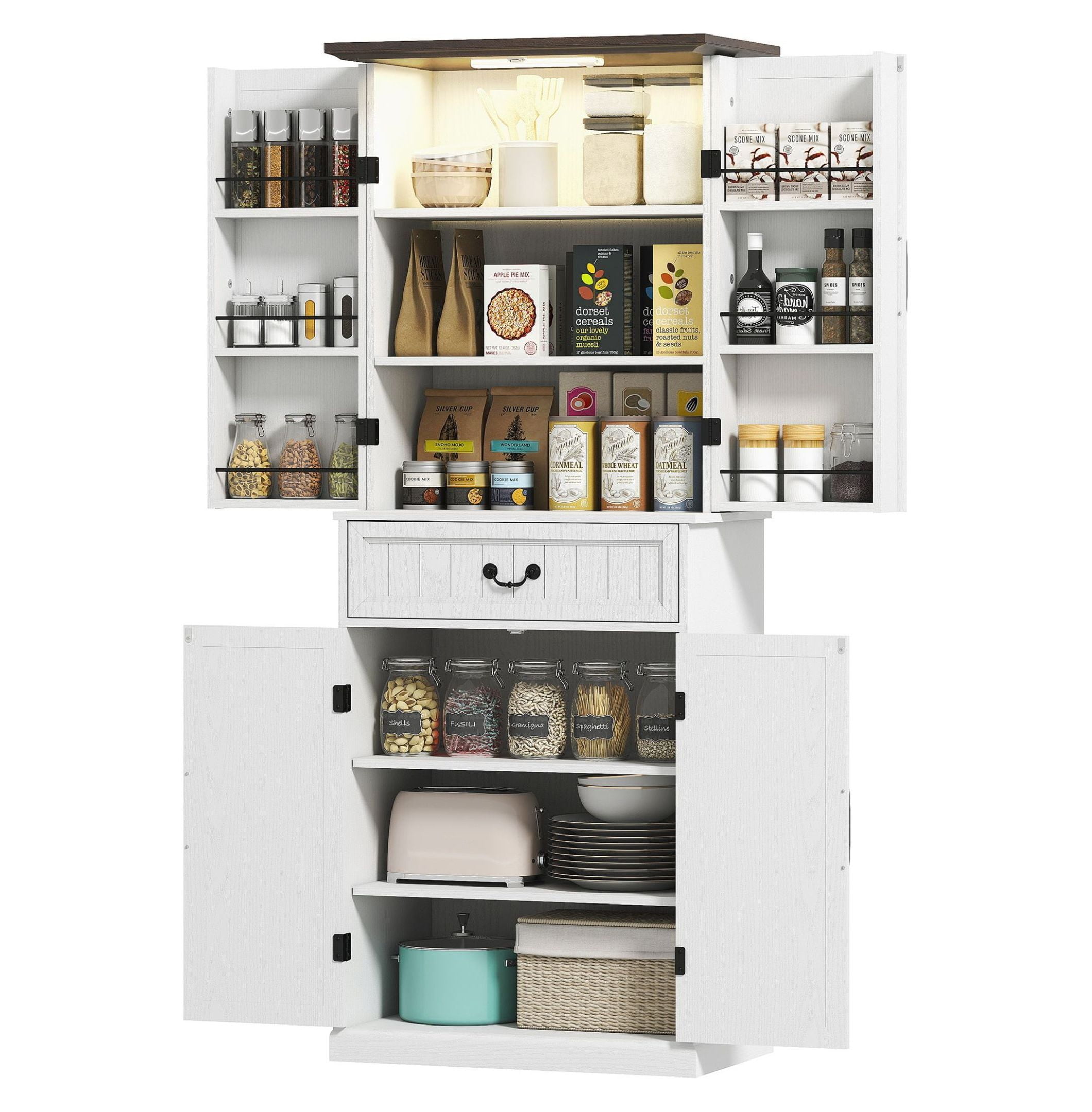 71" LED Kitchen Pantry Cabinet, Farmhouse Storage, Distressed White ...