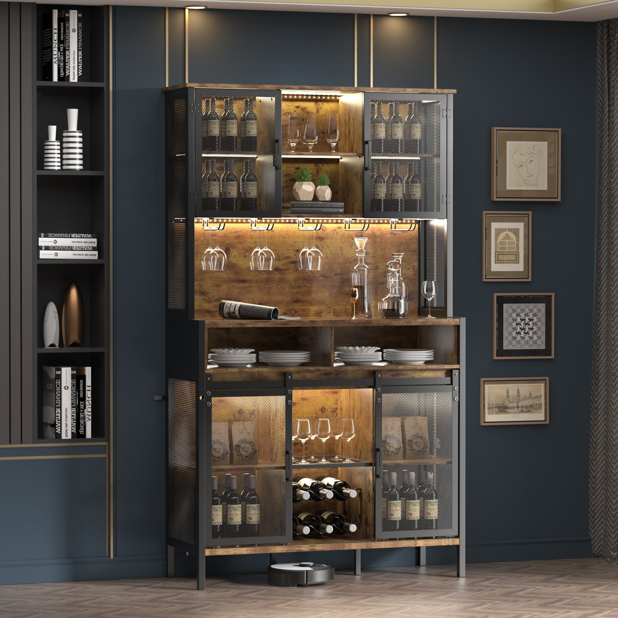 71" LED Lights Industrial Kitchen Hutch Cabinet/Dining Room Hutch with ...