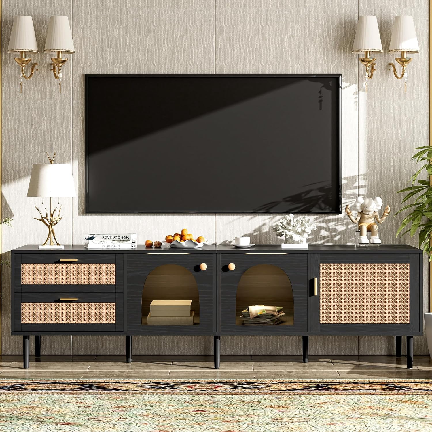 71'' LED TV Stand, Boho Entertainment Center with 3 Doors & 2 Drawers ...