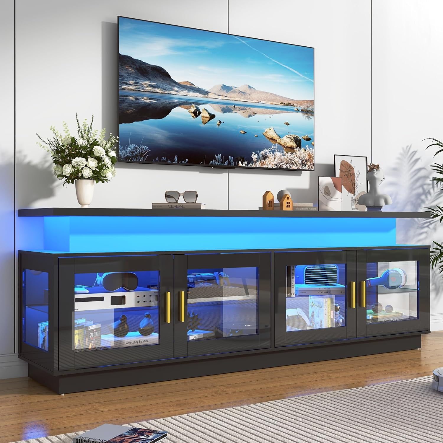 71" LED TV Stand with Power Outlet,High Gloss Modern White TV Stands ...