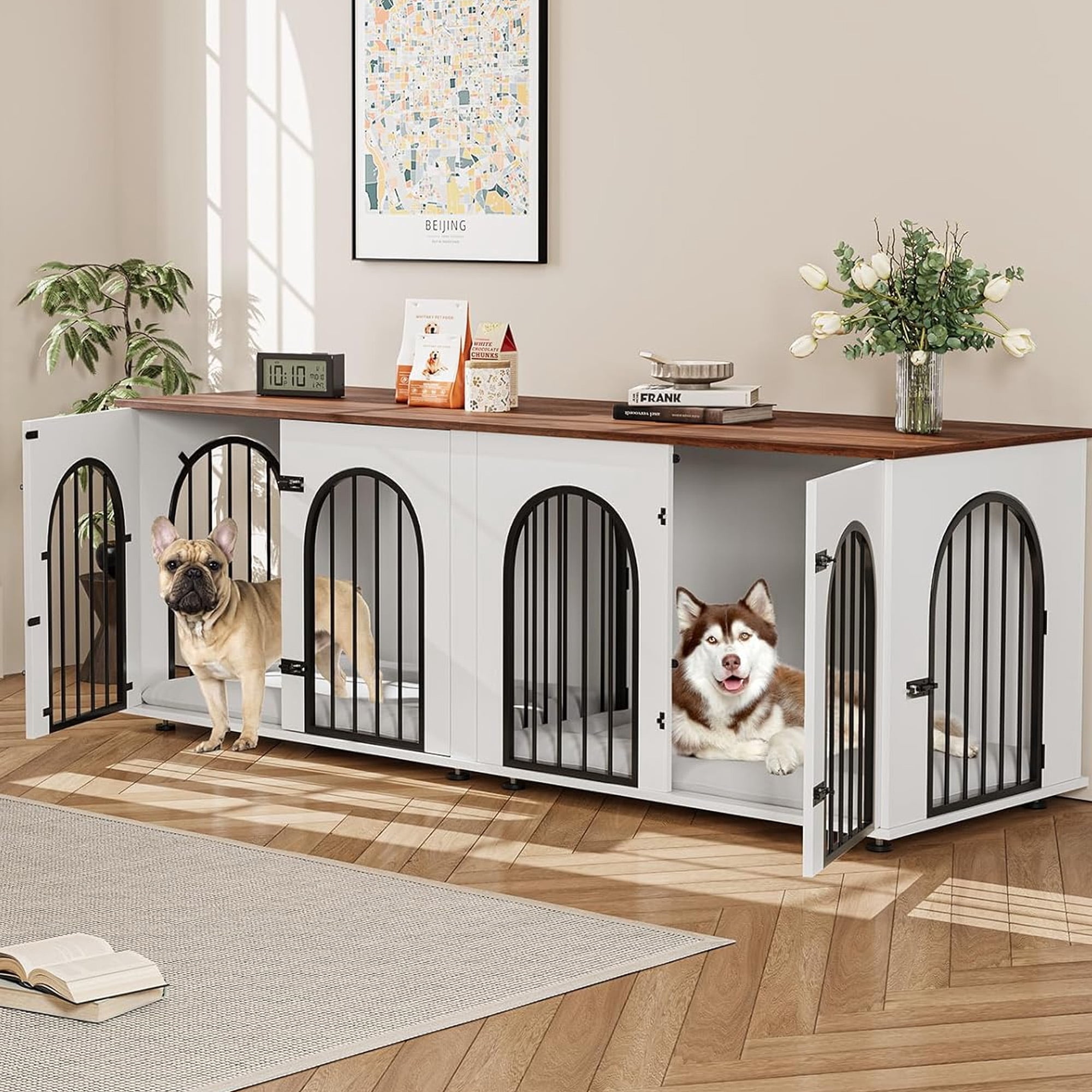 71" Large Dog Crate Furniture for 2 Dogs - Wooden Indoor Kennel with ...