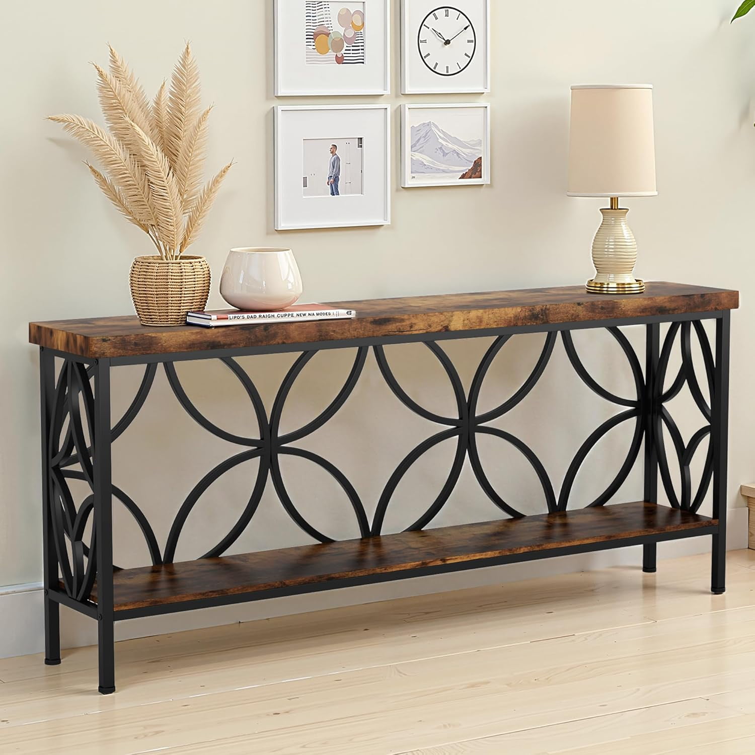 71’’ Long Hallway Table for Entryway with 2 Shelves, Industrial Wooden ...