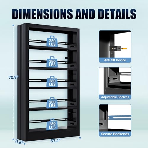 71" Metal 5-Tier Black Bookshelf with Adjustable Storage Shelves, Heavy ...