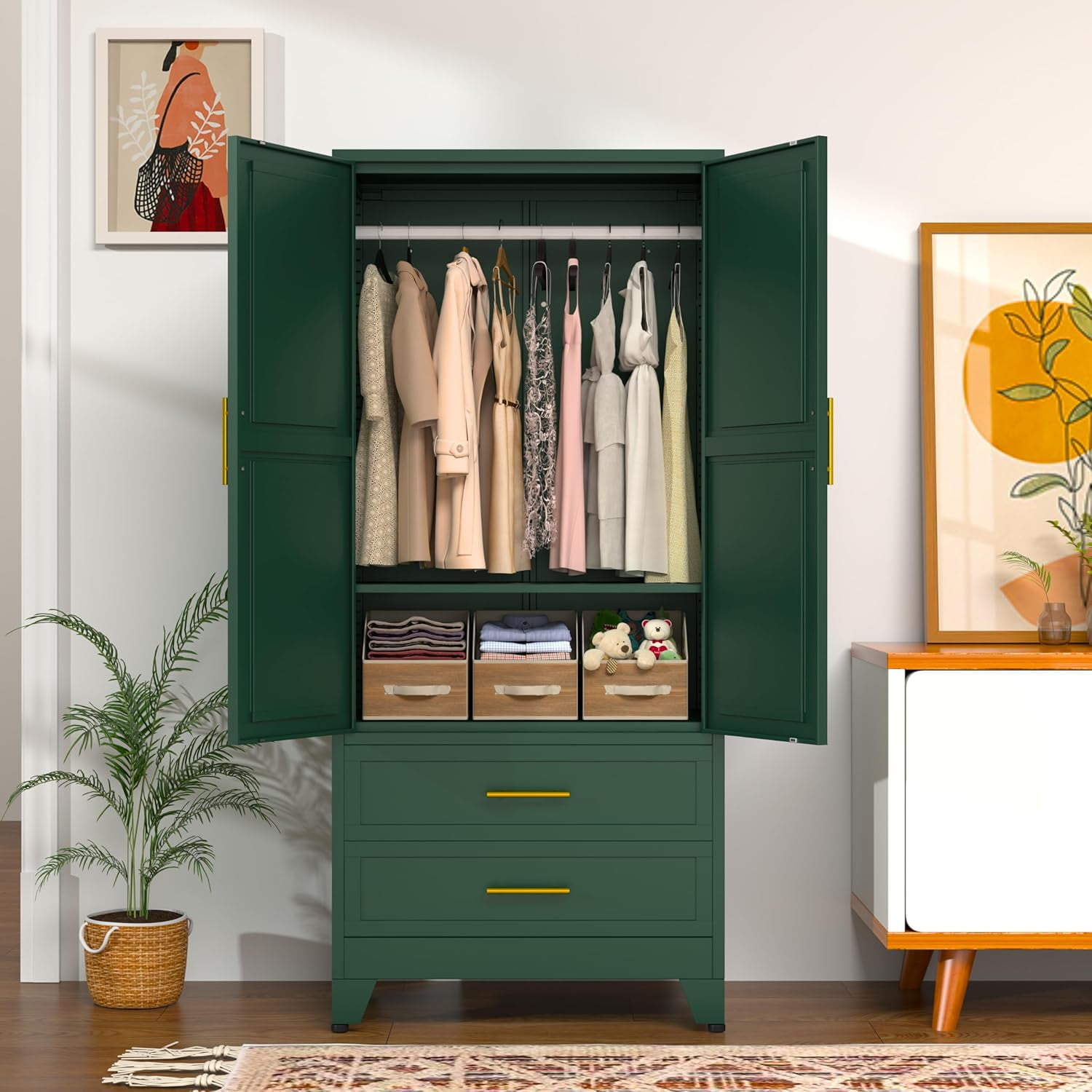 71" Metal Armoire Wardrobe Closet, Metal Wardrobe Cabinet with Hanging ...