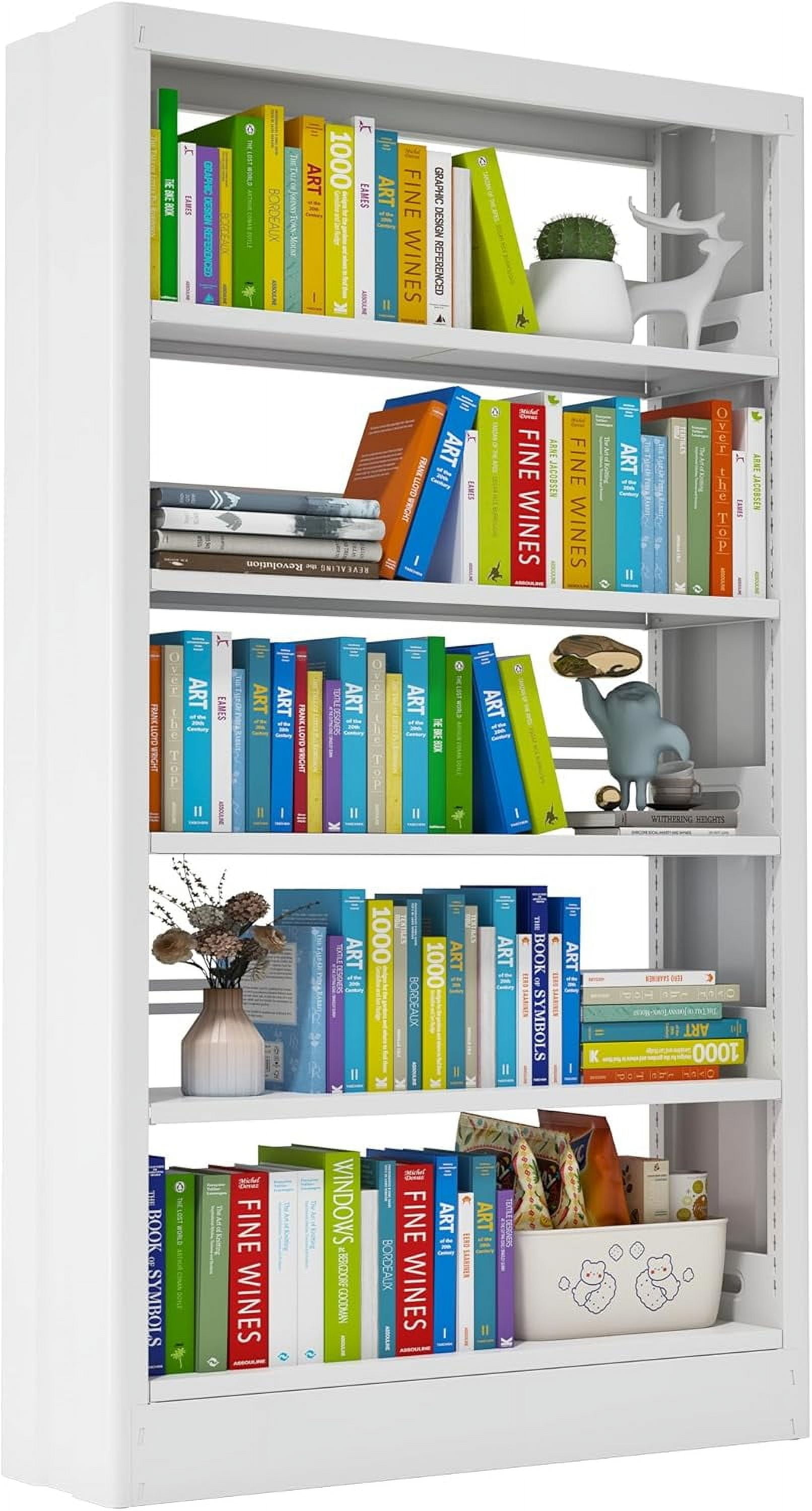 71" Metal Bookshelf, 5 Tier White Bookshelf with Adjustable Storage ...
