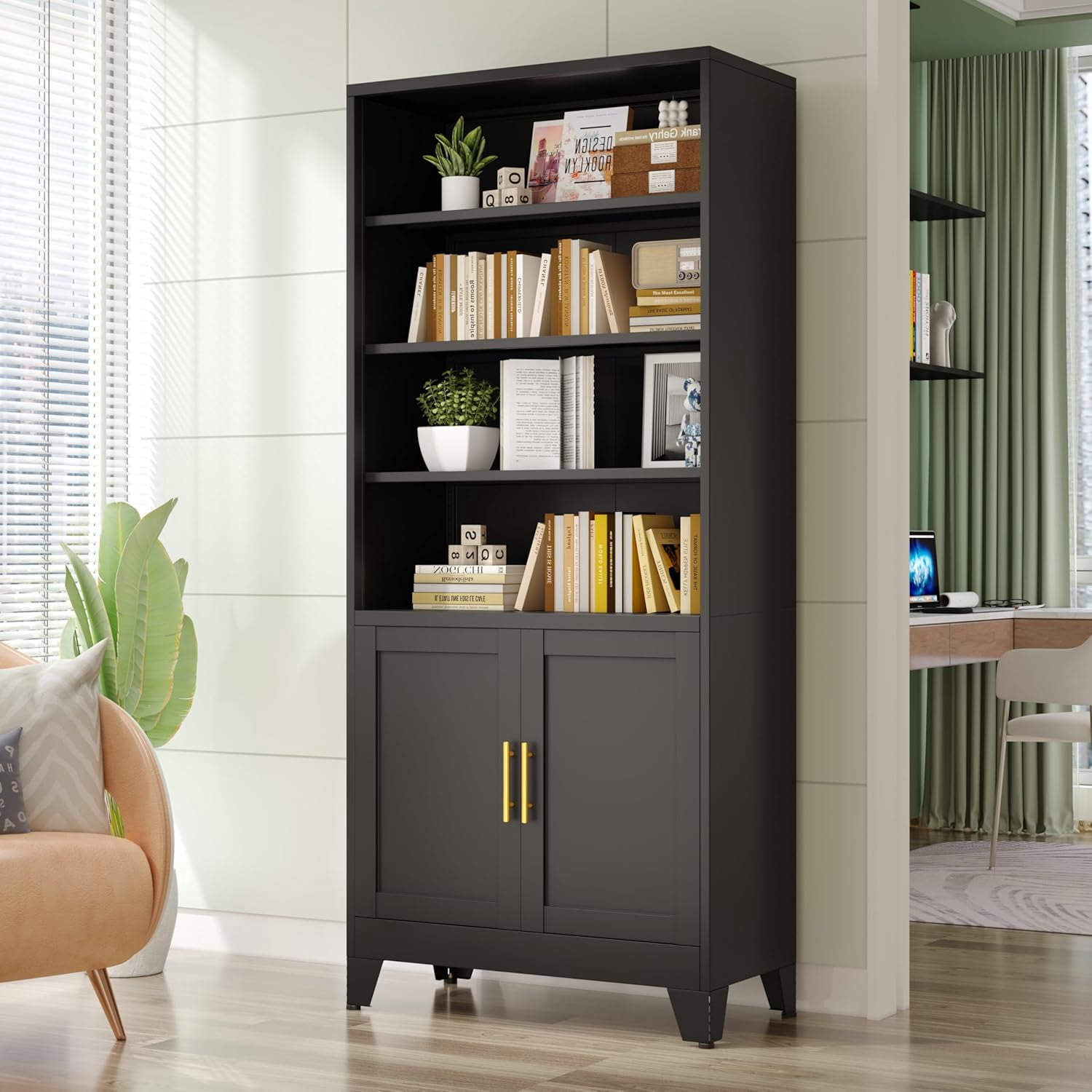 71" Metal Bookshelf and Bookcases with 2 Doors and 4 Adjustable Shelves ...
