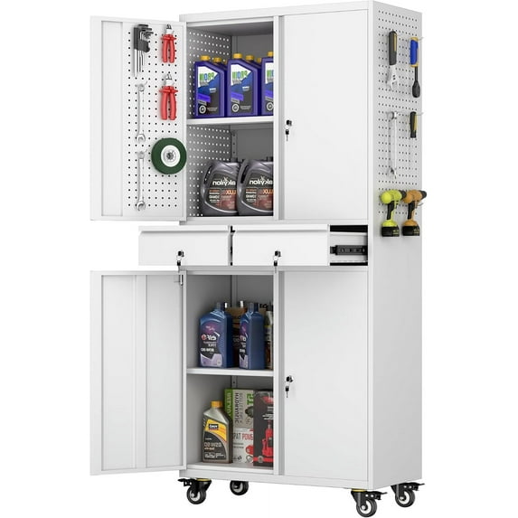 71" Metal Garage Storage Cabinet with Wheels, 8 Hooks and Pegboards, 2 ...